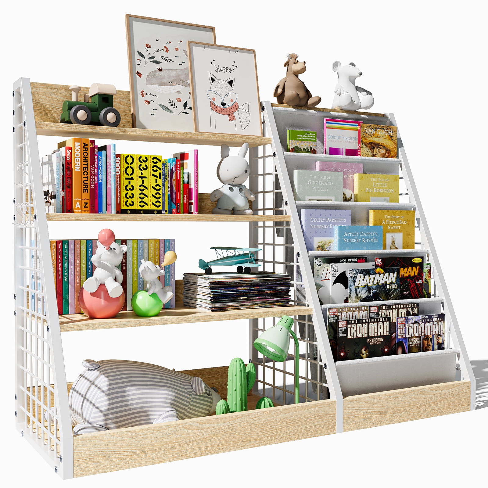 Kids Book Rack,4 Tier Wooden Bookshelf,5 Layer Sling Children Bookcase ...