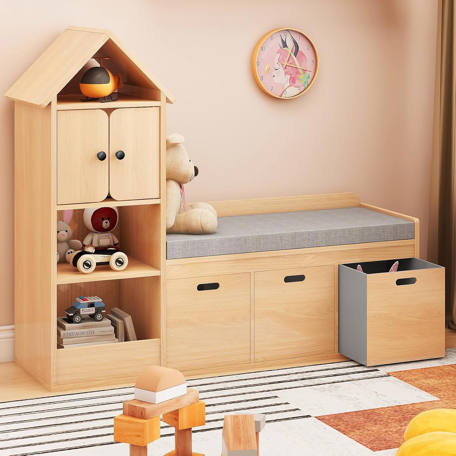 Kids Bookcase and Bookshelf with Reading Nook, Multifunctional Bookcase ...