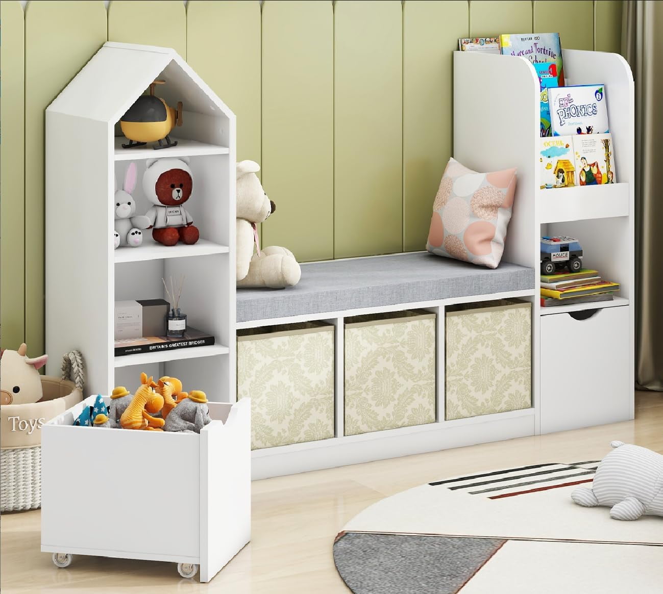 Kids Bookcase and Bookshelf with Reading Nook, Toy Storage Organizer ...