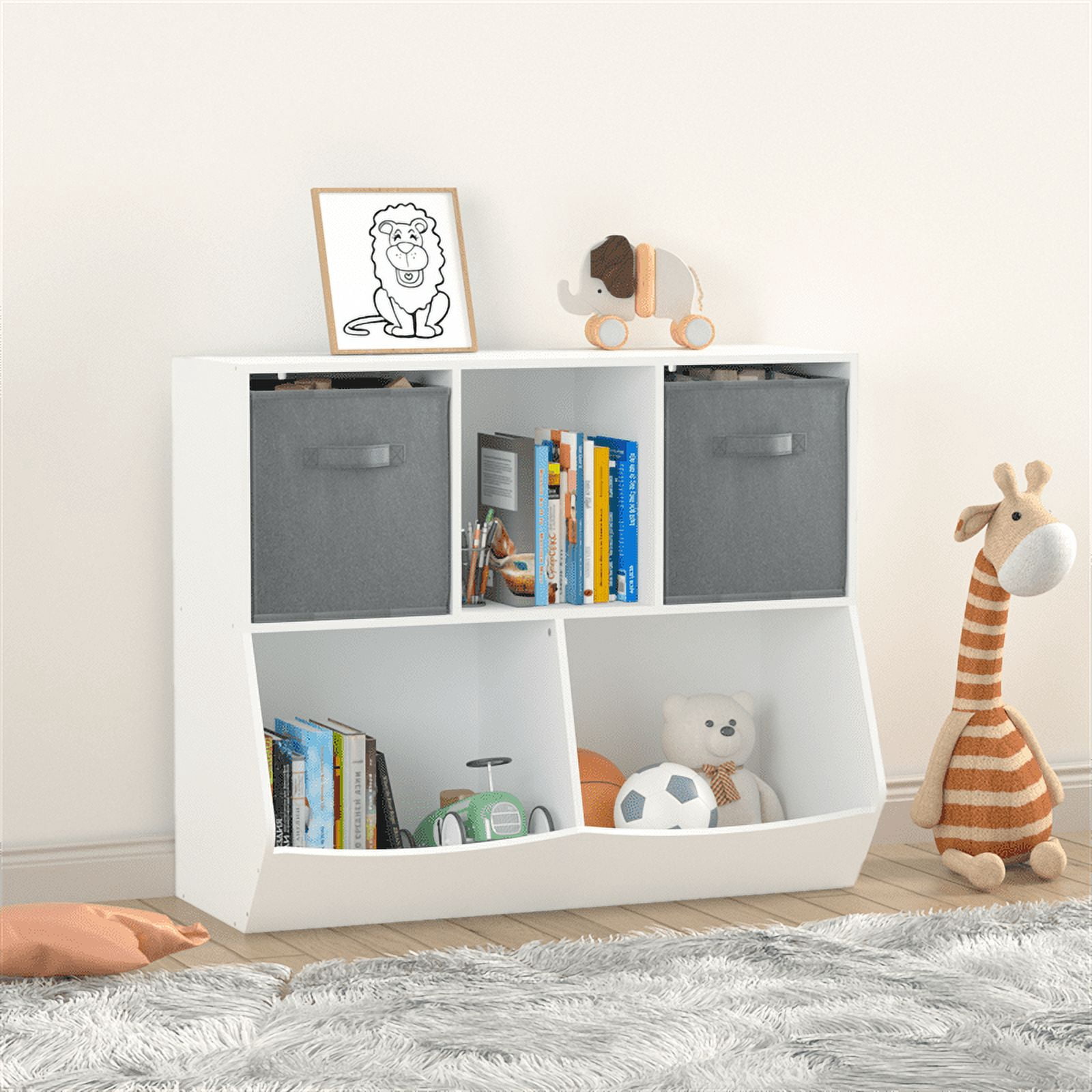 Kids Bookcase with Collapsible Fabric Drawers, Children's Toy Storage ...