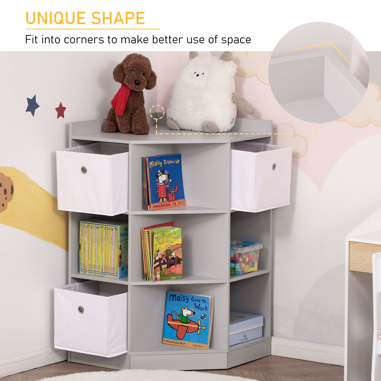 Kids Bookcase Corner Cabinet with 6 Cubes and 3 Shelve, Cubby Toy ...