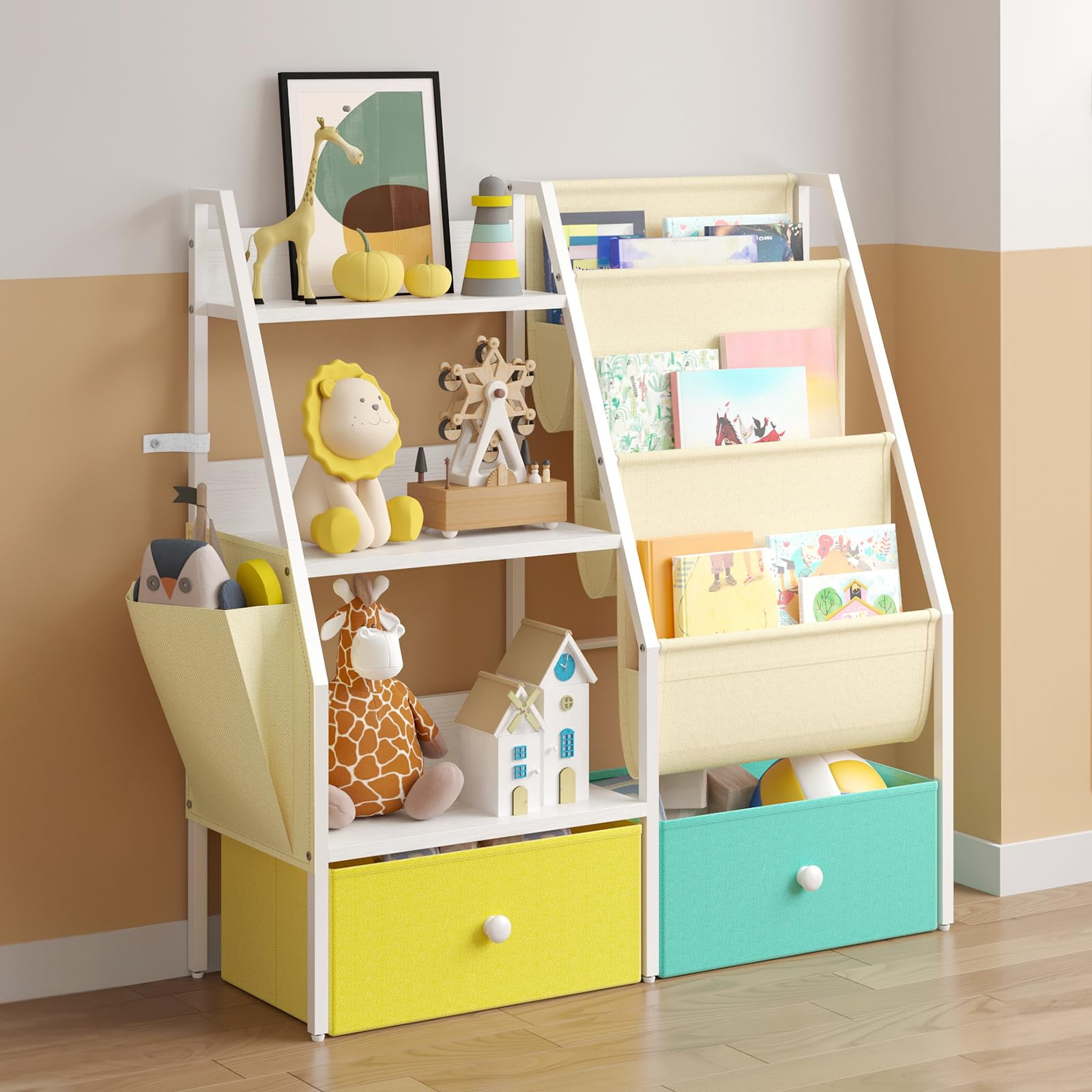 Kids Bookcase Toy Storage Shelf, 3 Tier Montessori Bookshelf with Book ...