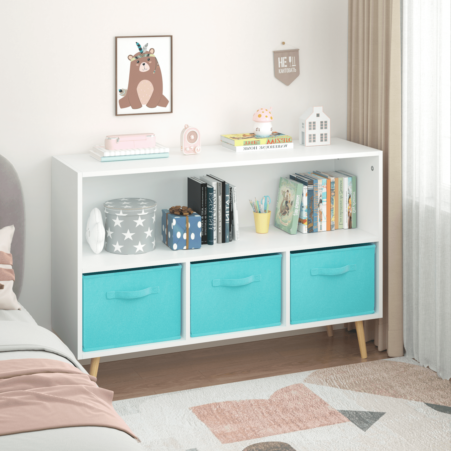 Kids Bookcase With Collapsible Fabric Drawers,Kids Bookshelf With Three ...