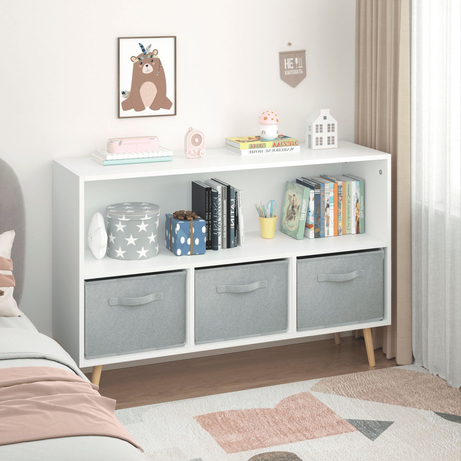 Kids Bookcase With Collapsible Fabric Drawers,Kids Bookshelf With Three ...