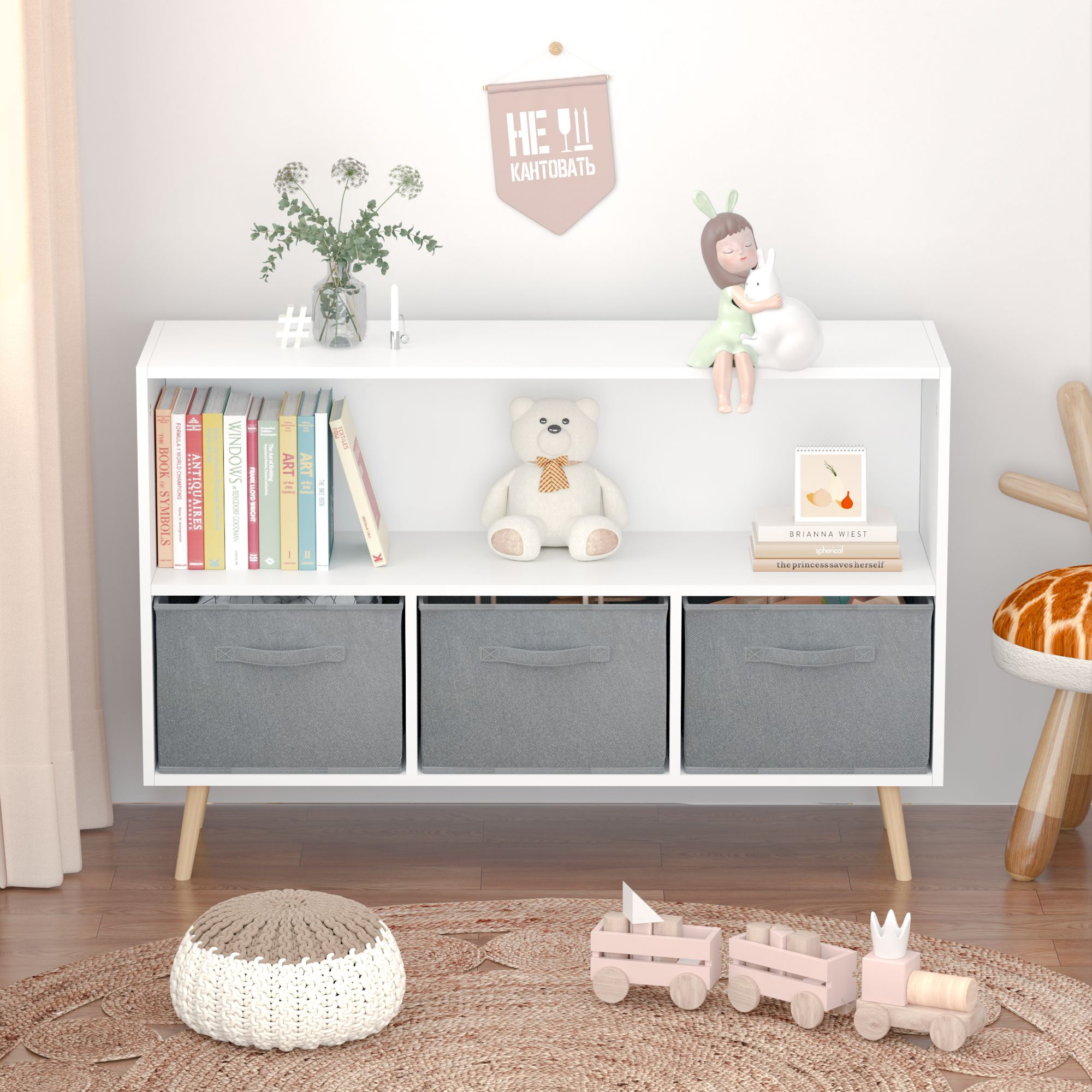 Kids Bookcase with Collapsible Fabric Drawers,Toy Storage Cubby ...