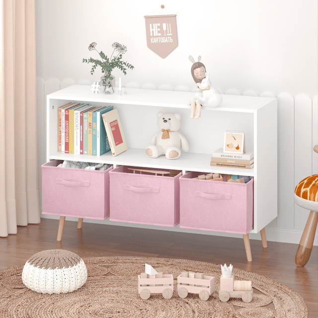 Kids Bookcase with Collapsible Fabric Drawers,Toy Storage Cubby ...