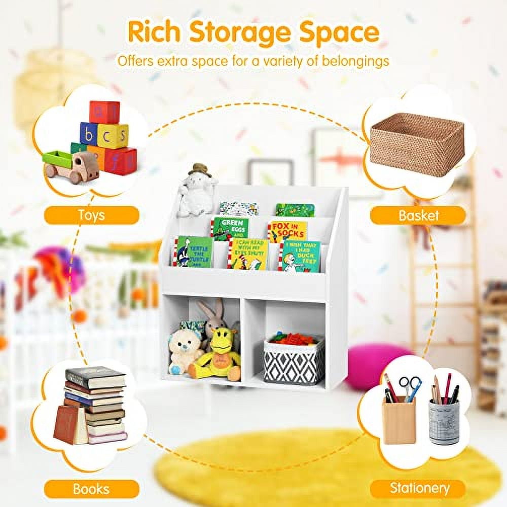 Kids Bookshelf, 2 Cube Kids Toy Storage Organizer with 3 Tier Book ...