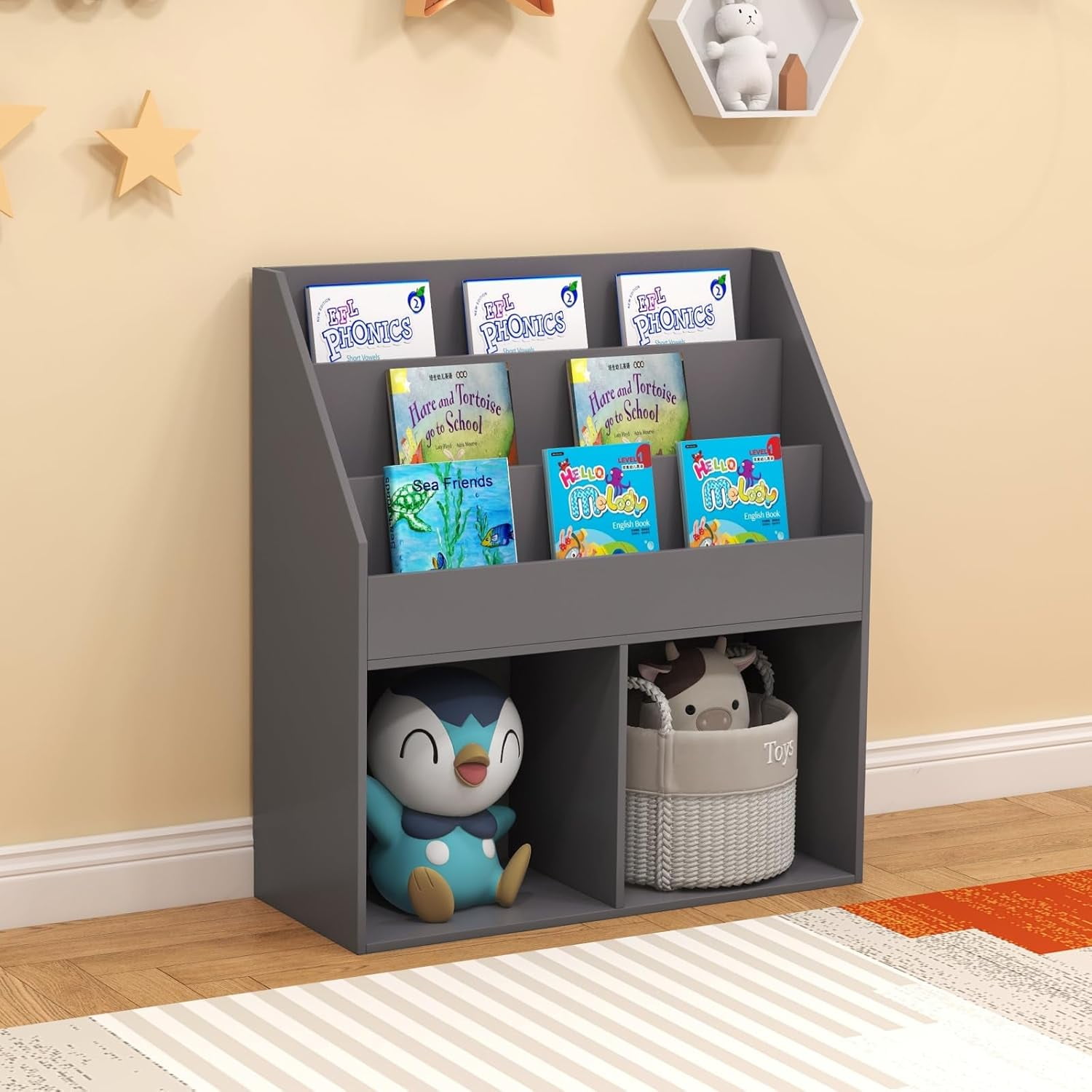Kids Bookshelf, 2 Cube Kids Toy Storage Organizer with 3 Tier Book ...