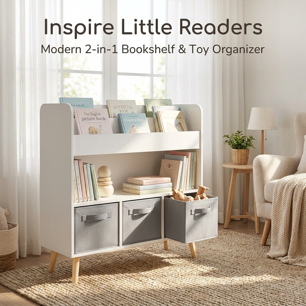 Kids Bookshelf with 3 Fabric Storage Bins, White and Gray Toddler ...