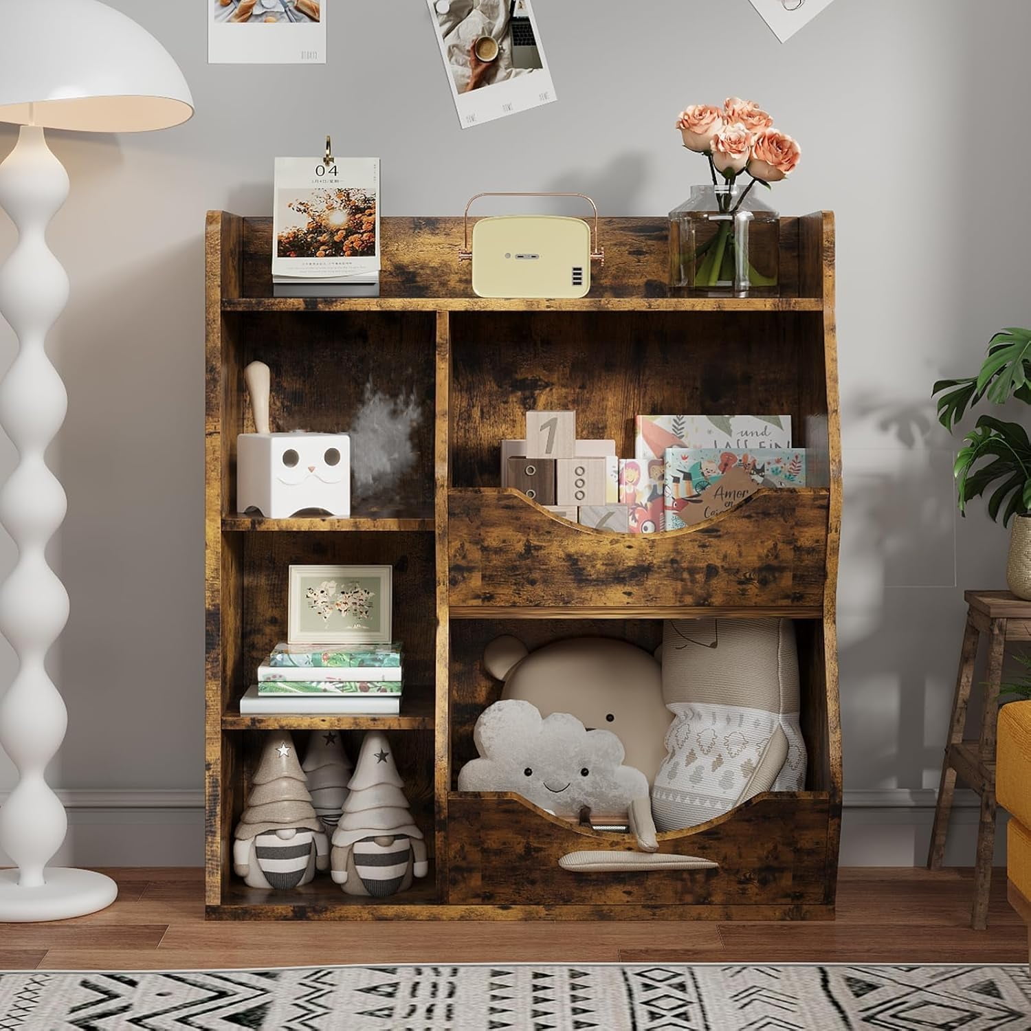 Kids Bookshelf 3-Tier Toy Storage Organizer Double Side Toy Shelf- 5 Compartment Bookshelf & Toy ...