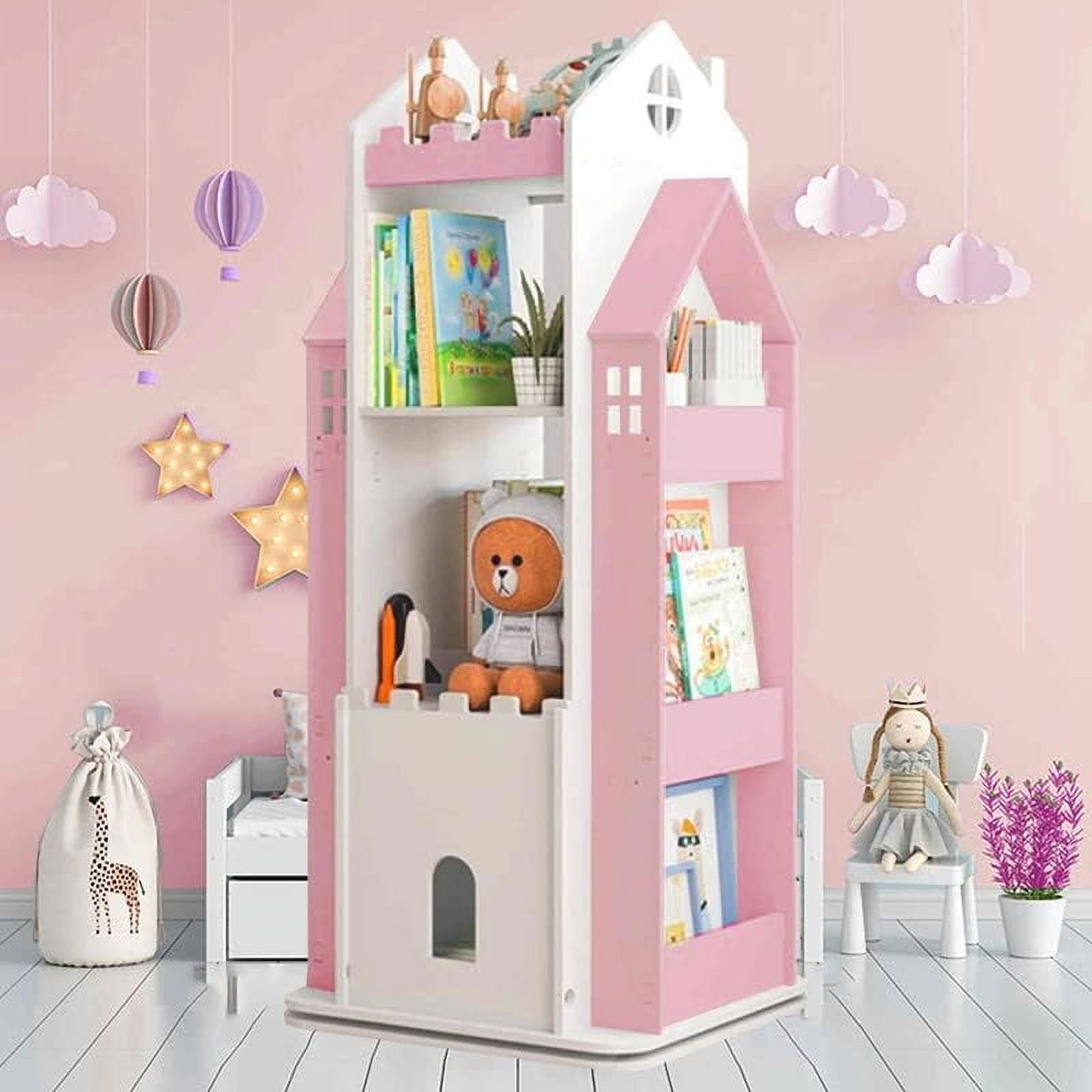 Kids Bookshelf 360° Castle Pink Rotating Bookshelf Toy Storage ...