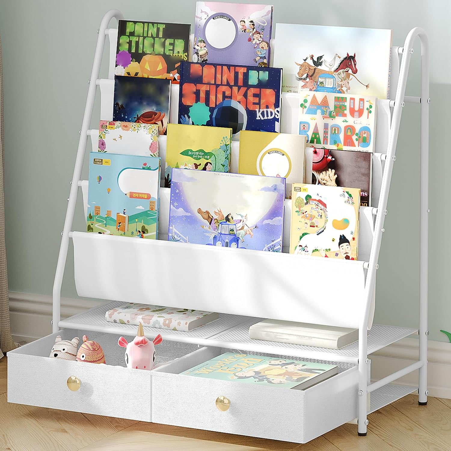 Kids Bookshelf, 4-Tier Toddler Bookshelf with 2 Fabric Drawers, Metal ...