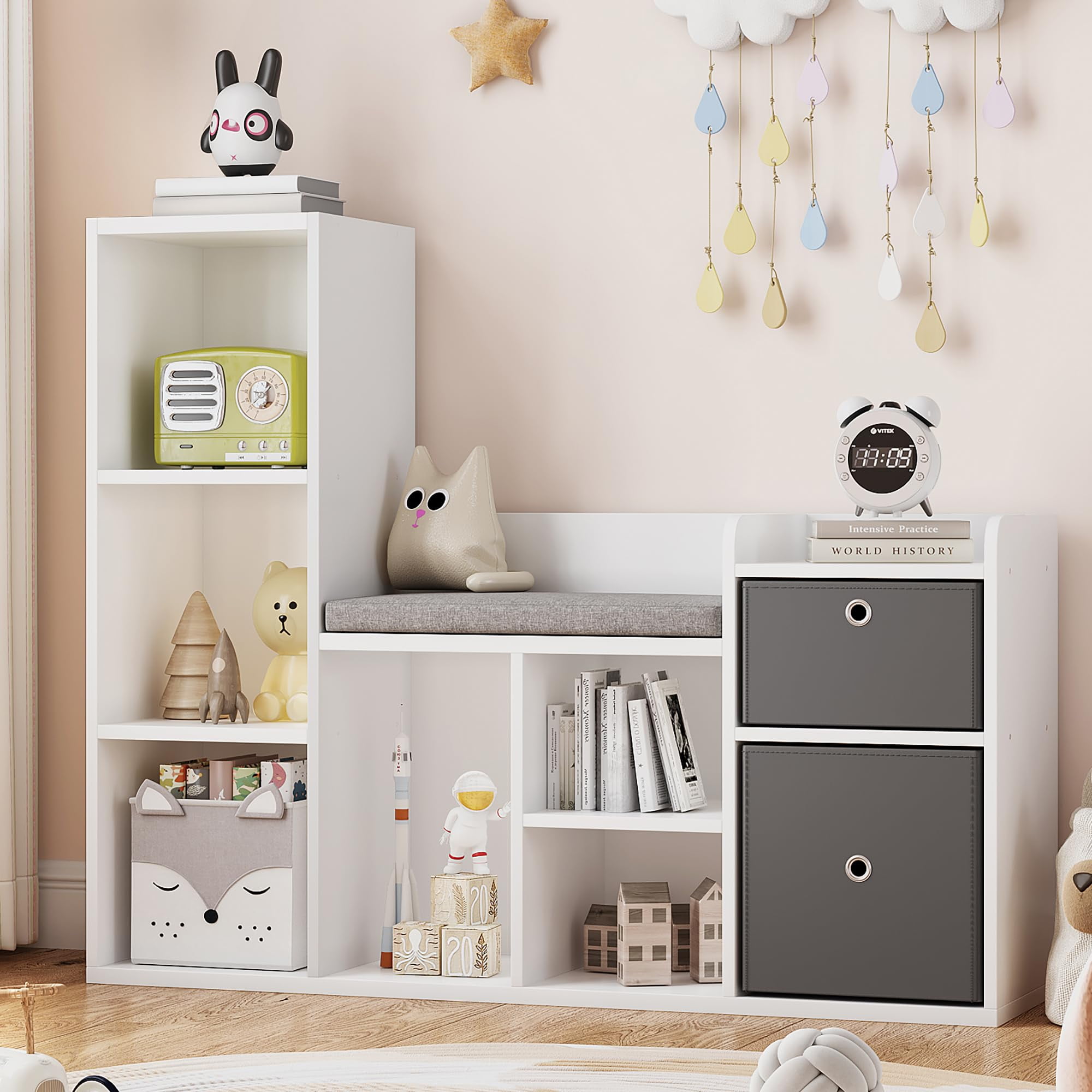 Kids Bookshelf 44.1in Width Toy Storage Organizer with Reading Nook ...