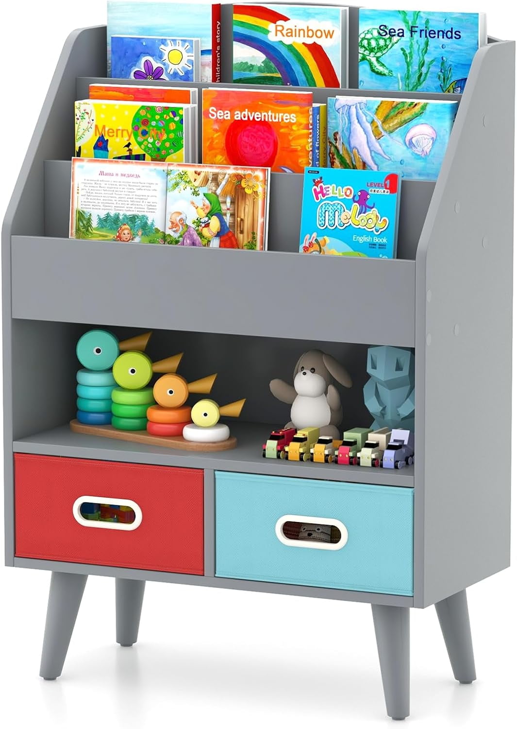 Kids Bookshelf, 5-Tier Wooden Children’s Book Rack with 2 Cube Bins for ...