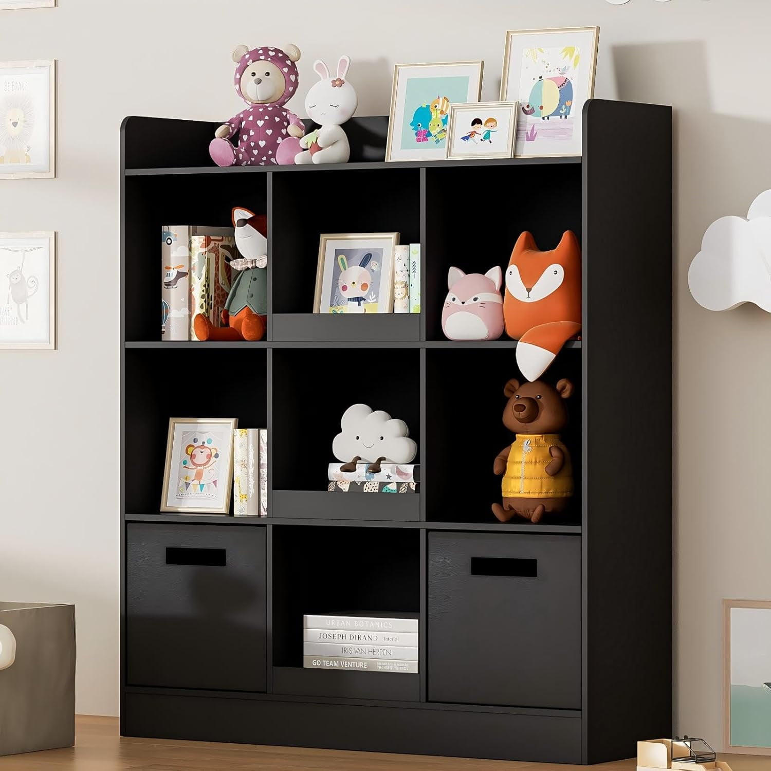 Kids Bookshelf with 9 Cube, Toy Storage Organizer with 2 Fabric Drawers ...