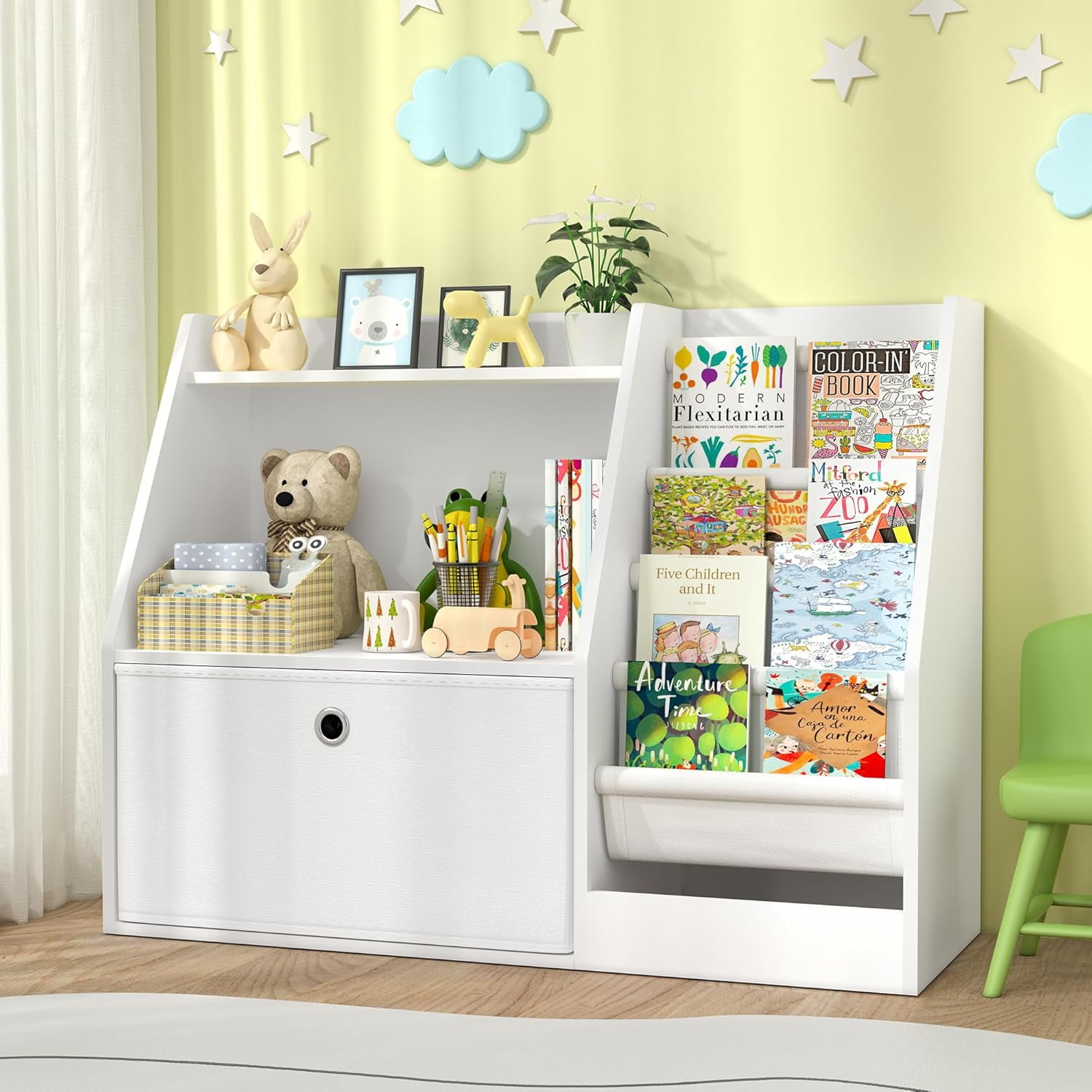 Kids Bookshelf,Book Storage Organizer,4 Sling Toddler Wooden Book Shelf ...