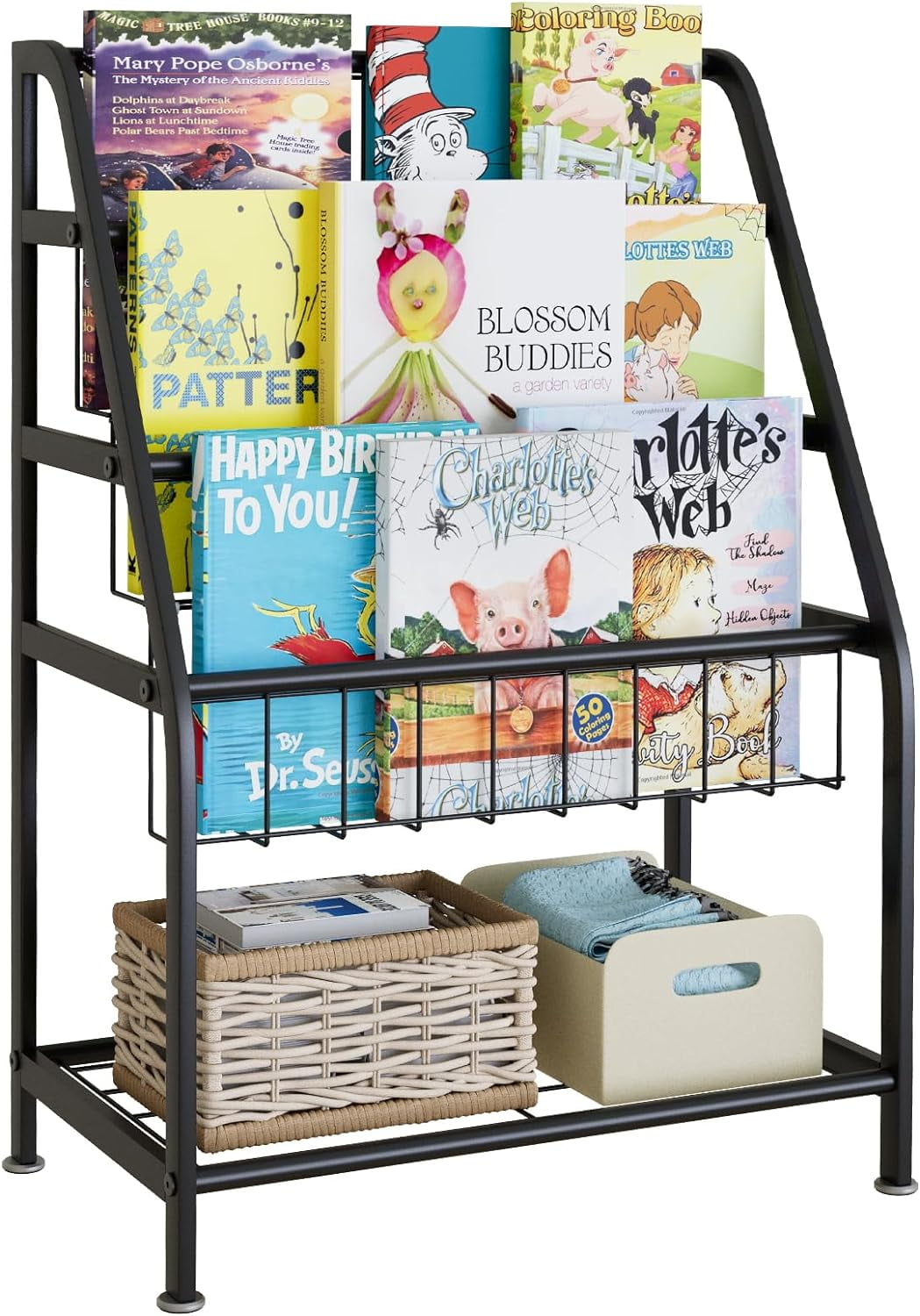 18 inches Black Kids Bookshelf, Stable, High-Capacity Toy Organizer for ...