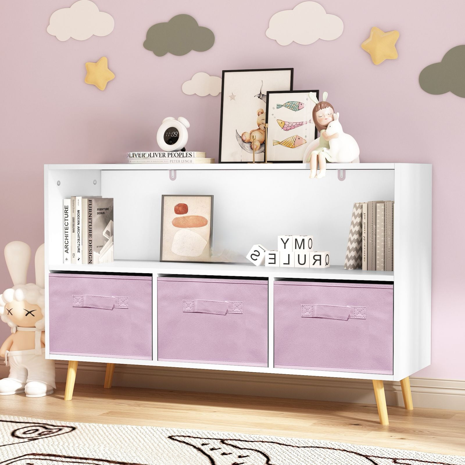 Kids Bookshelf,Kids Book Rack with Collapsible Fabric Drawers,Toy ...