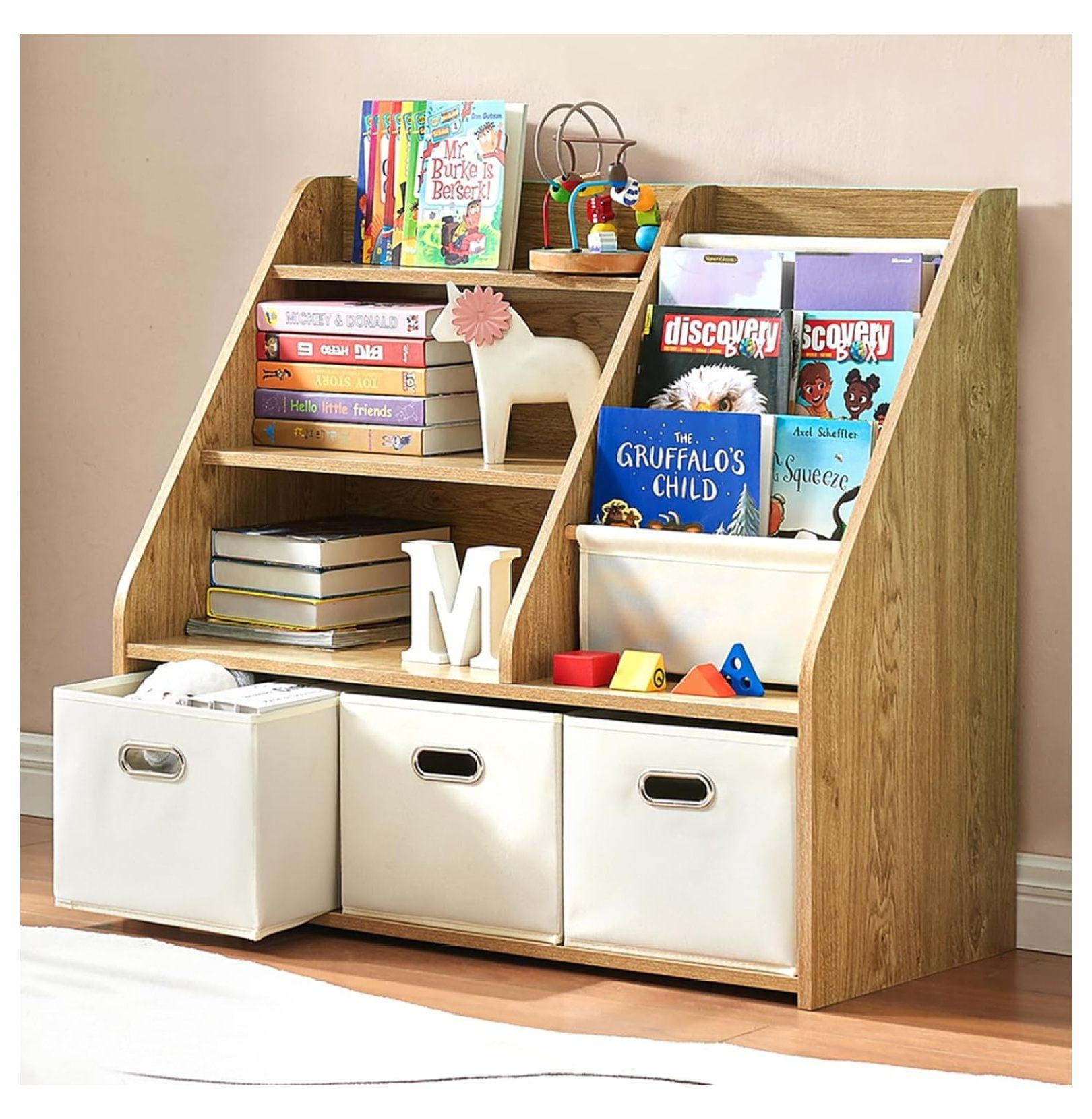Kids Bookshelf, Kids Toy Storage Organizer with Storage Bins, Wooden ...