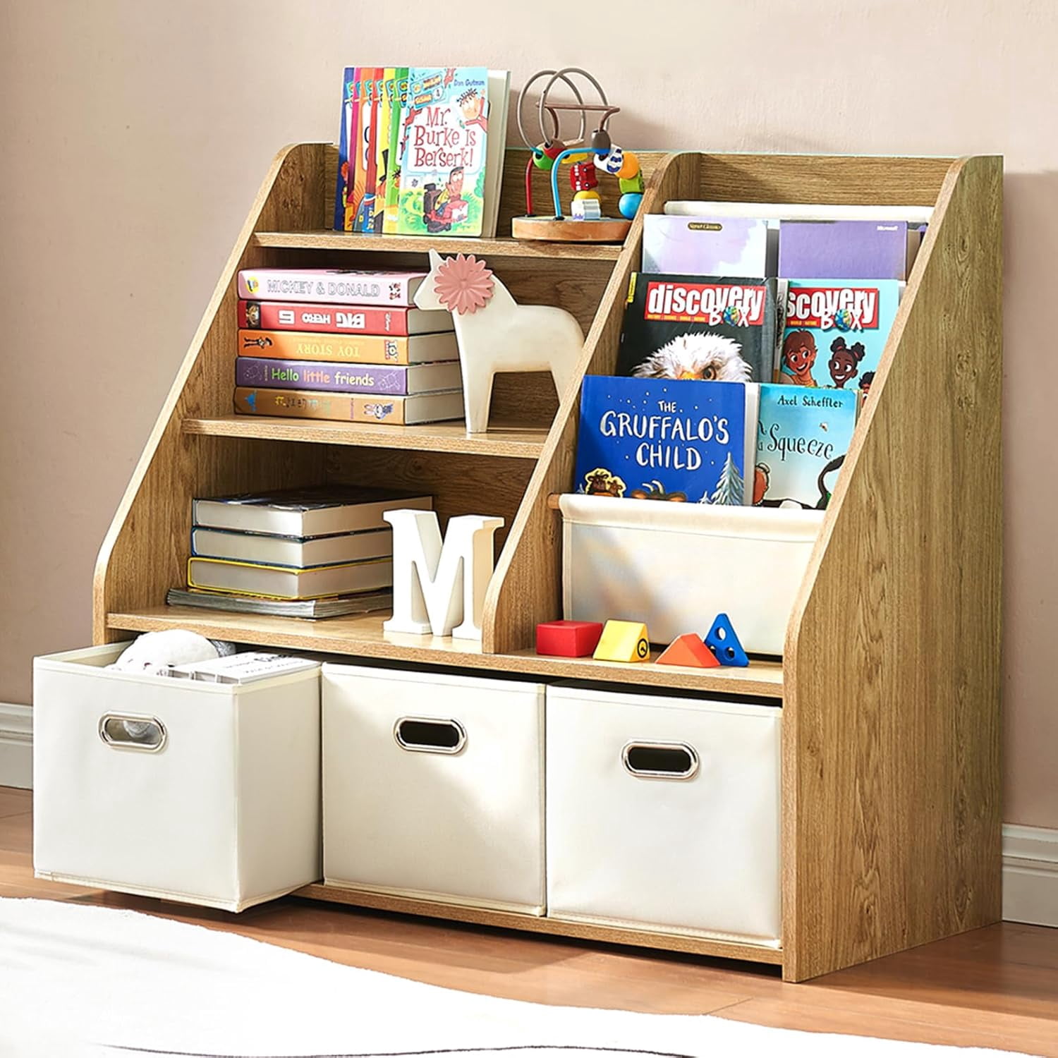 Kids Bookshelf, Kids Toy Storage Organizer with Storage Bins, Wooden ...