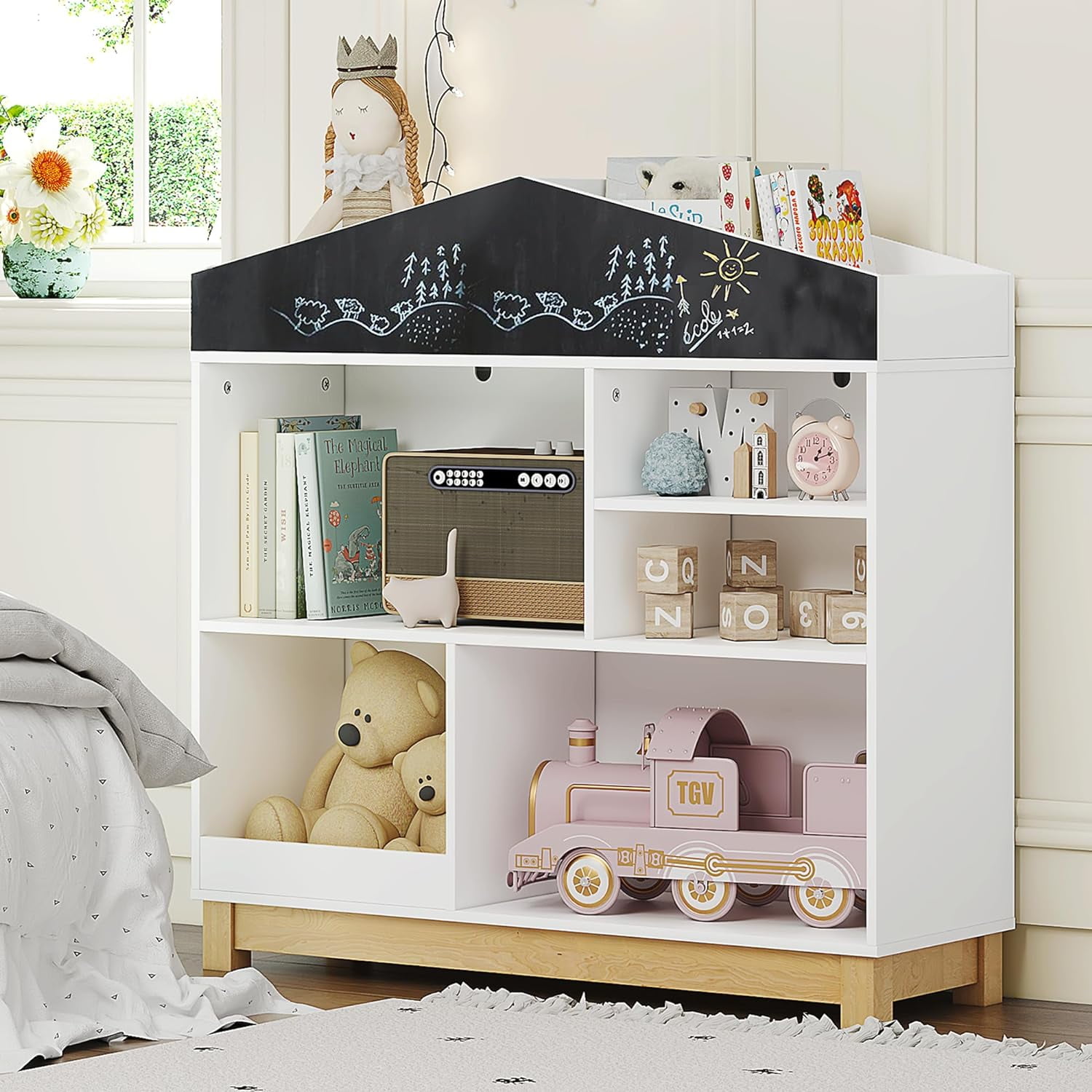 Kids Bookshelf Nursery Bookcase for Kids with Cubby and Blackboard Book ...