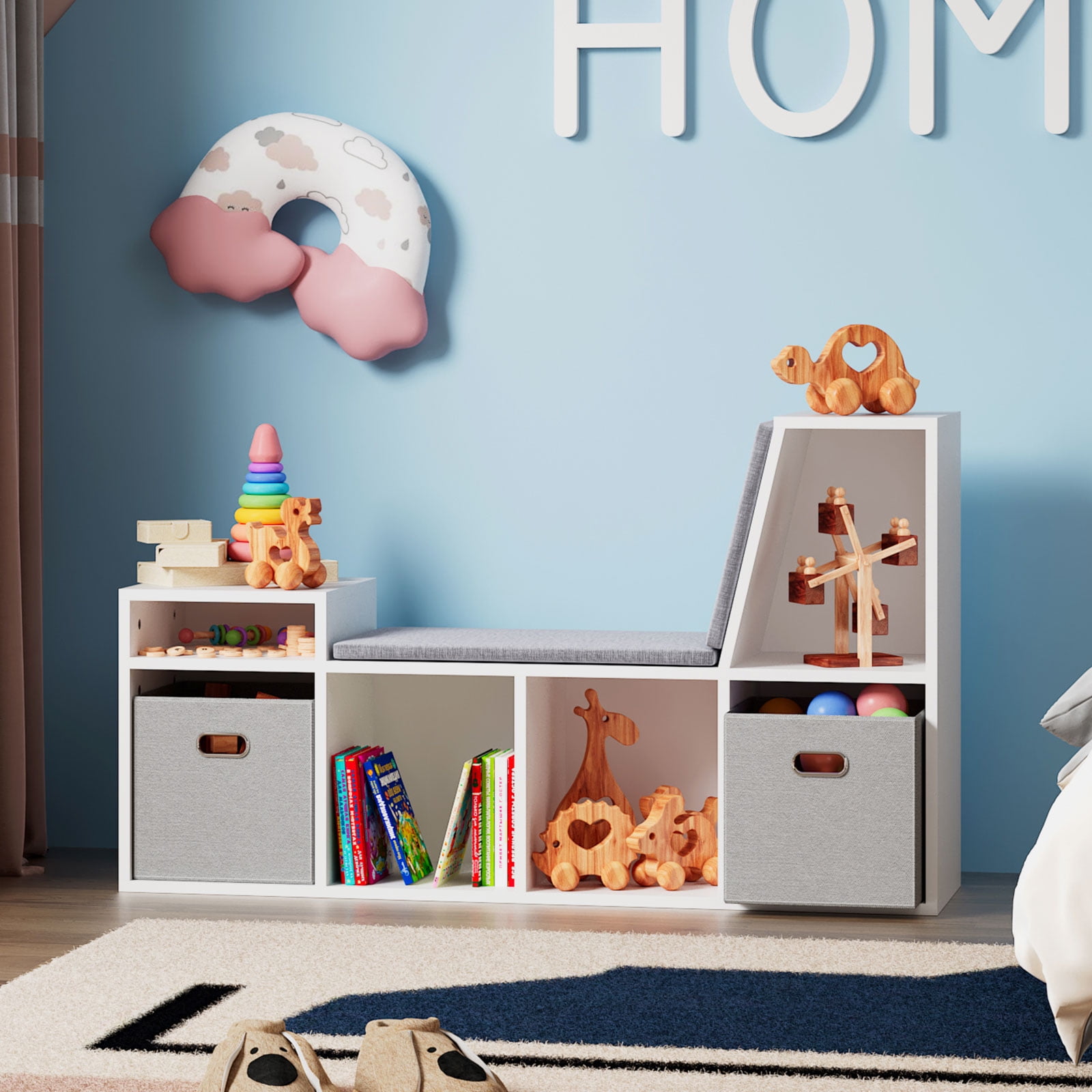 Kids Bookshelf with Reading Nook,5-Cubby Nursery Bookcase with Seat ...