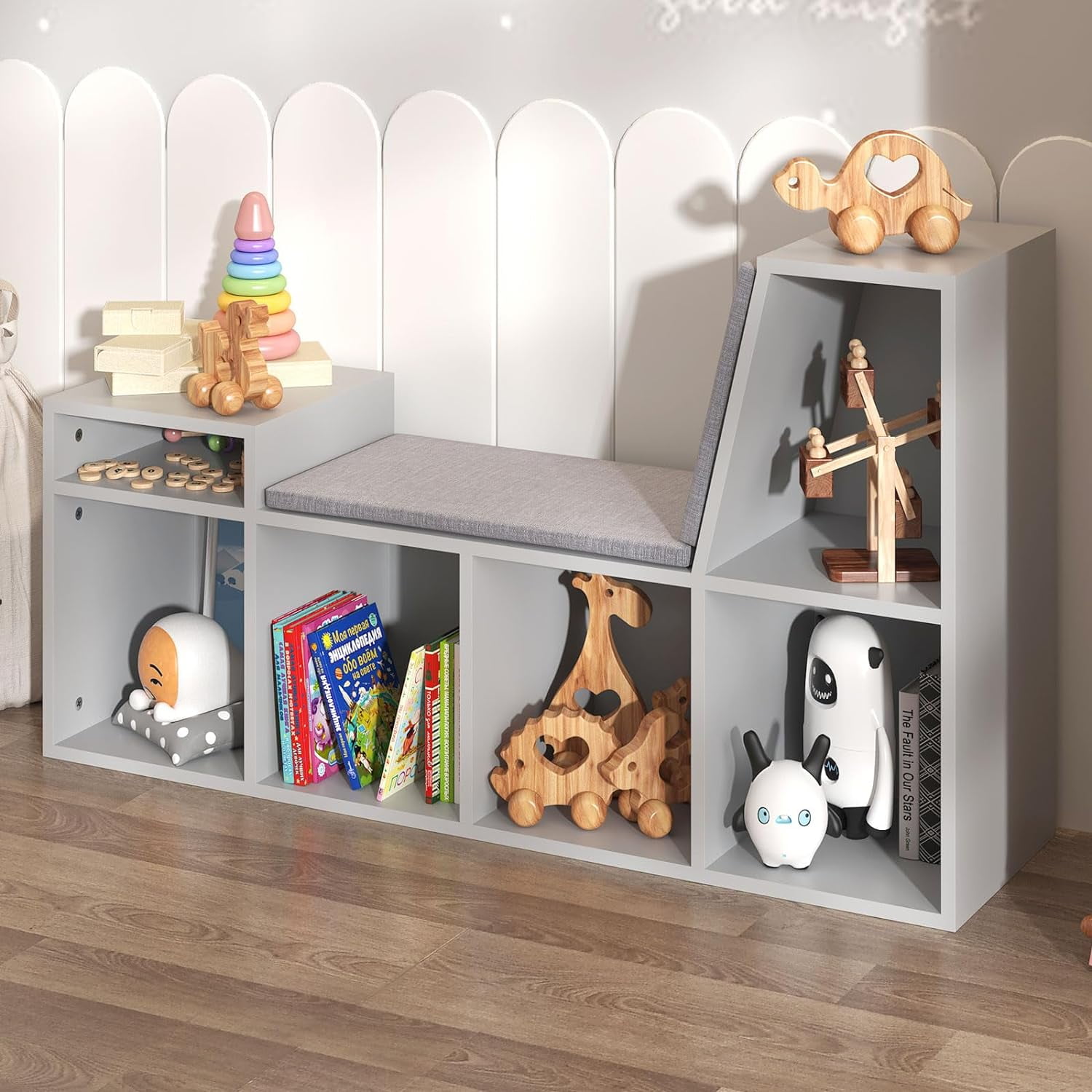 Kids Bookshelf with Reading Nook 6-Cubby with Bench Seat Thick Wood ...