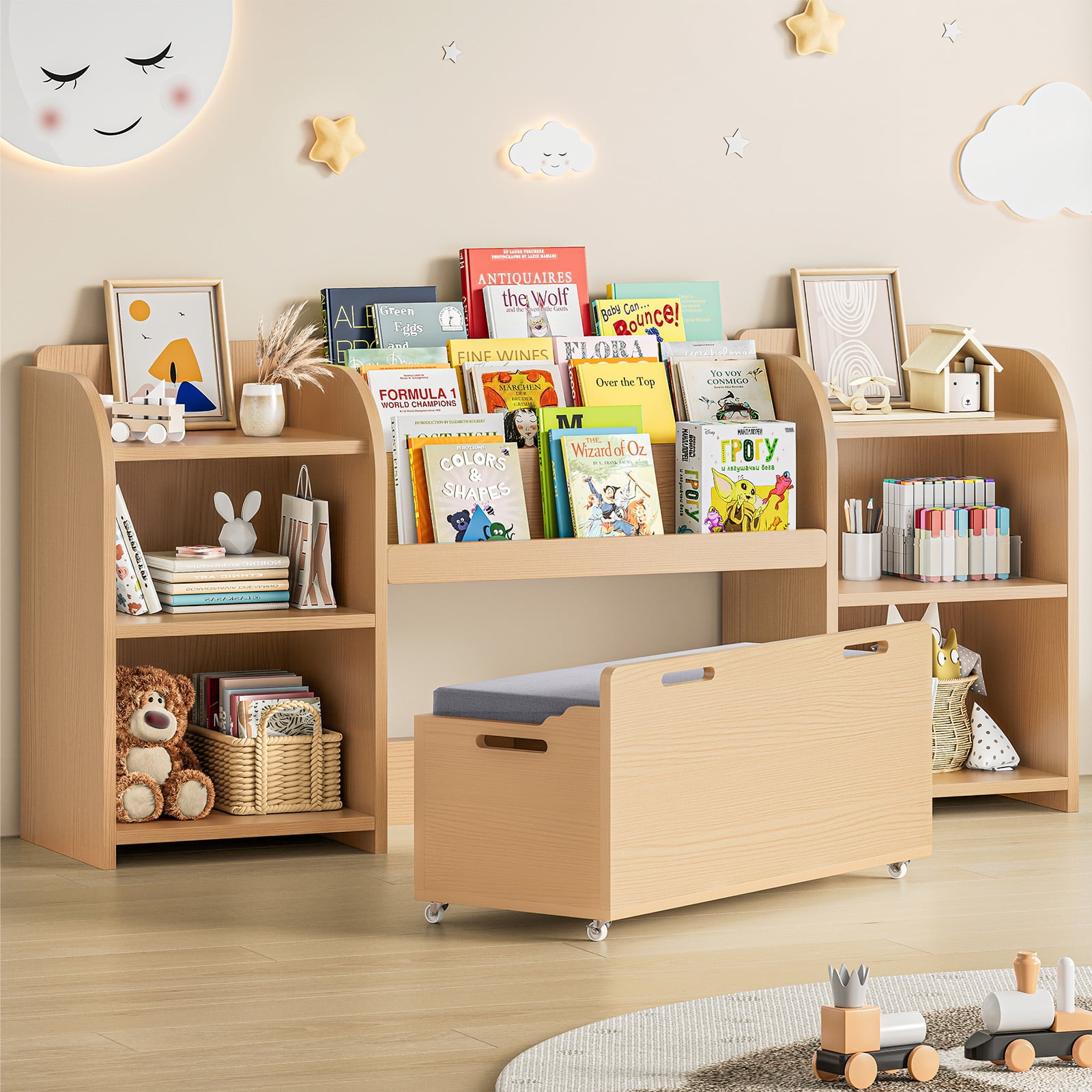 Kids Bookshelf with Reading Nook, 64.5" Toy Storage Organizer with ...