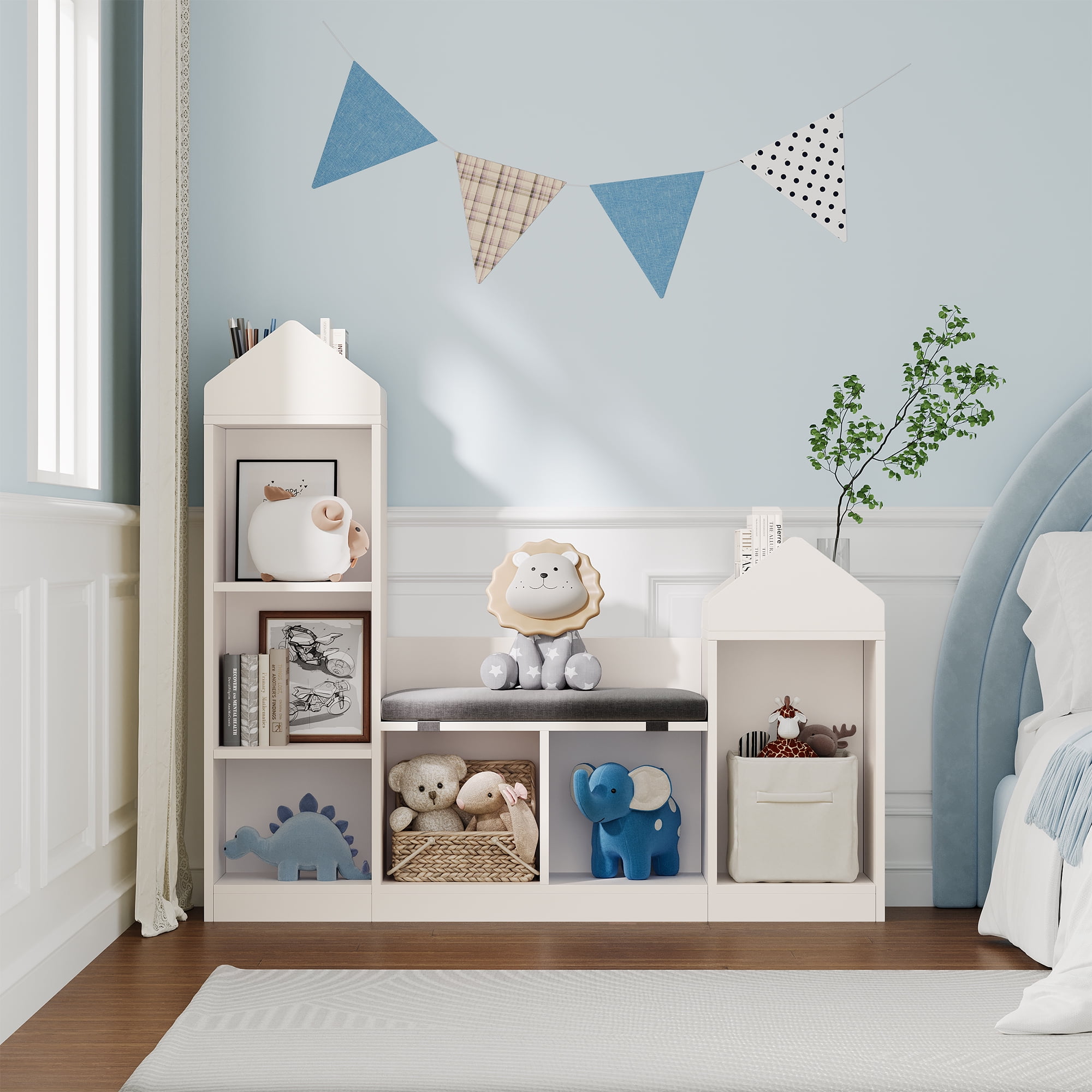 Kids Bookshelf with Reading Nook Children Bookcase 6-Cubby Toy Storage ...