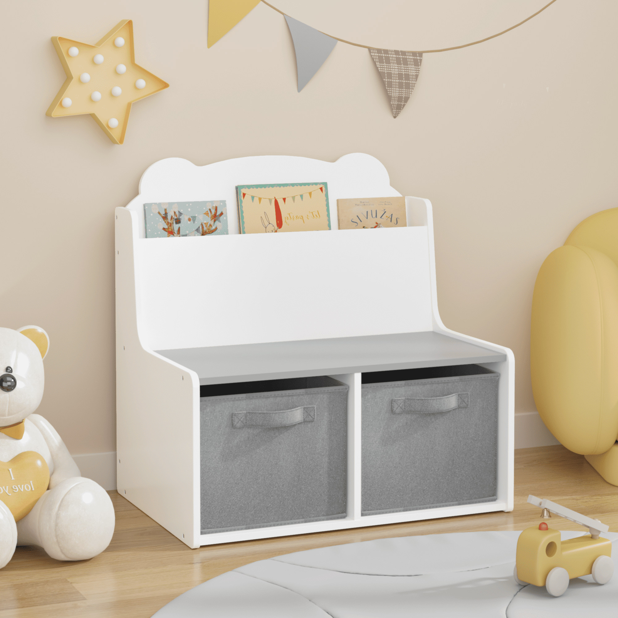 Kids Bookshelf with Reading Nook, Storage Bins with Bench – Wooden ...