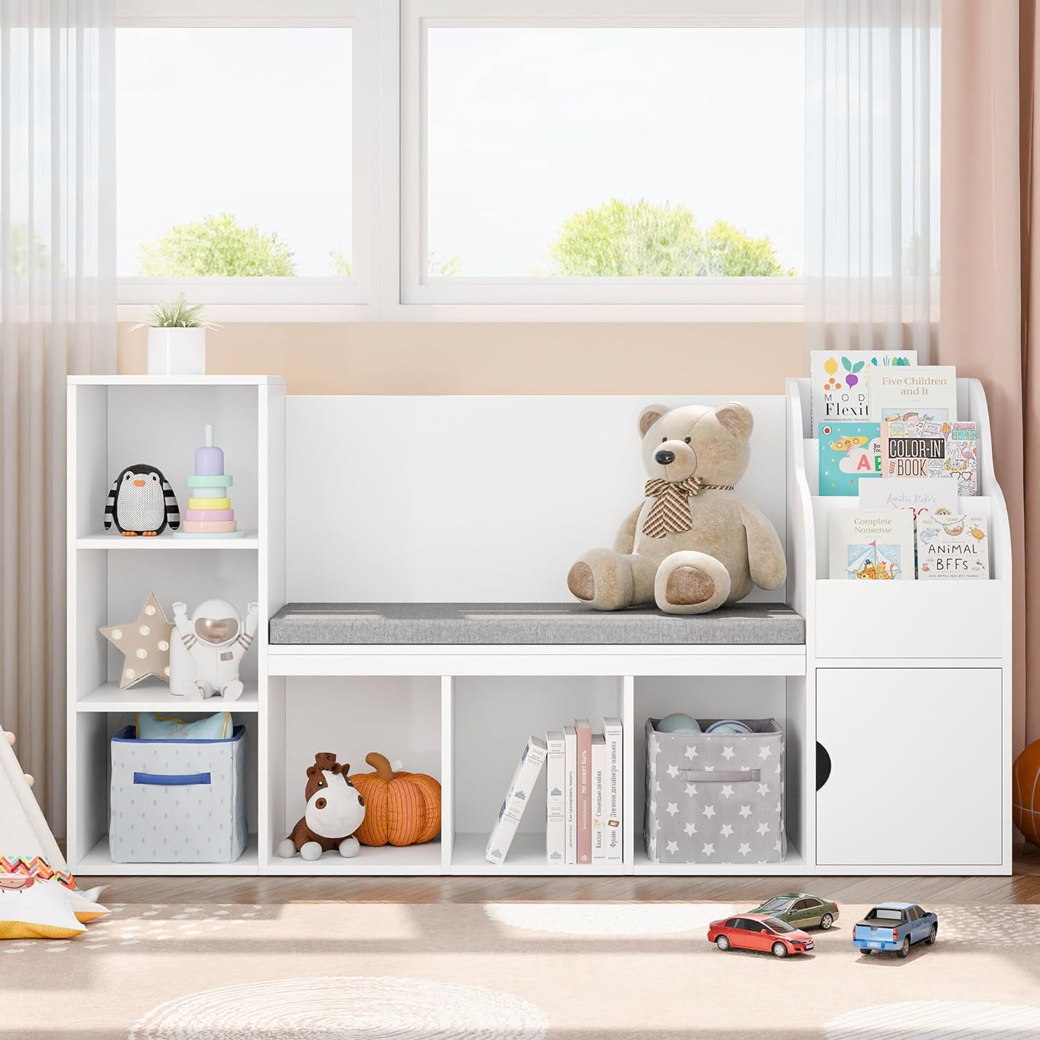 Kids Bookshelf with Reading Nook, Toddler Bookcase Bench with Seat ...