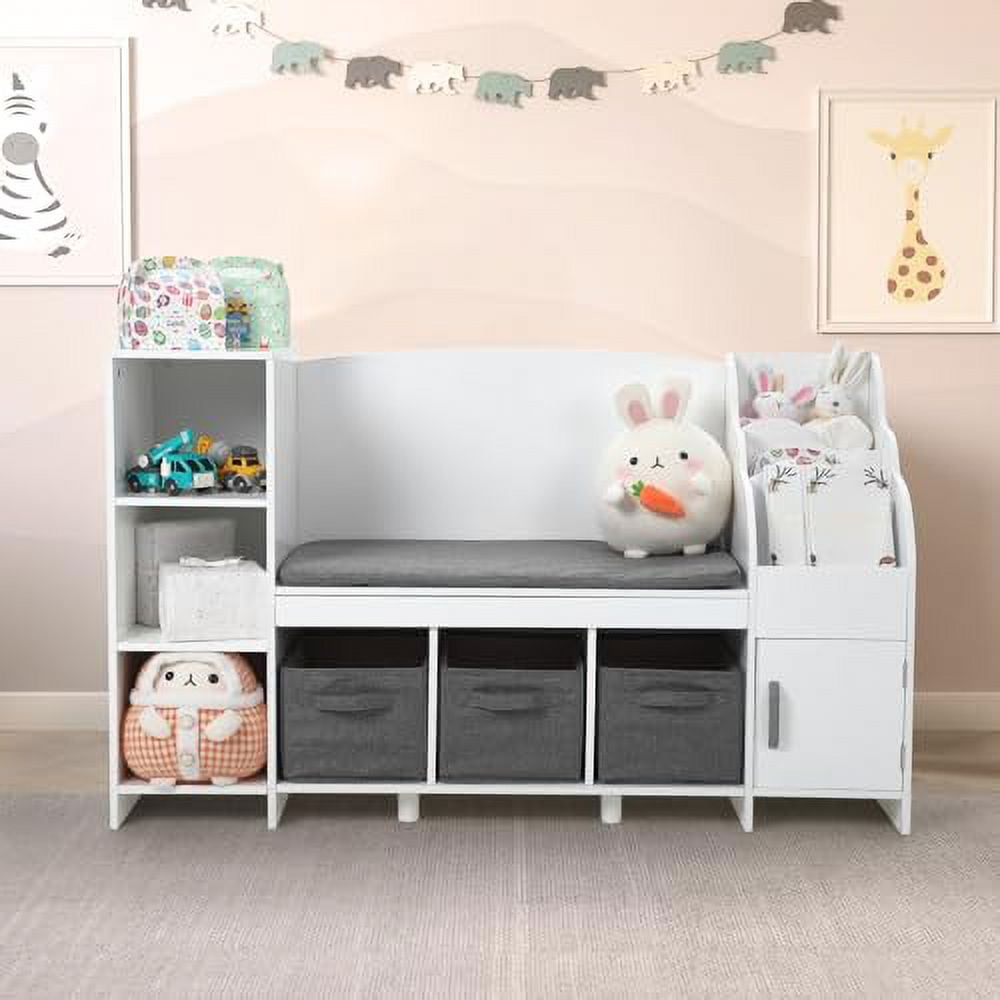 Kids Bookshelf with Reading Nook, Toddler Bookcase with Seat Cushion ...