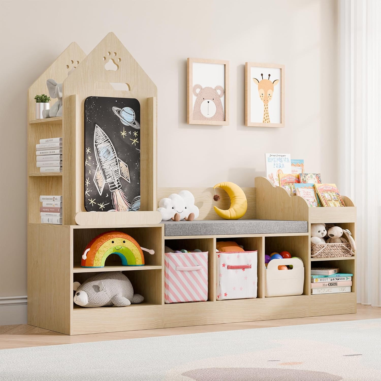 Kids Bookshelf with Reading Nook, Wooden Toy Storage Organizer with ...