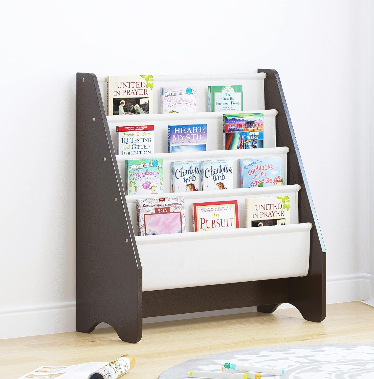 Kids Bookshelf Storage, Book Shelf for Kids Rooms, 4 Tier Sling Toddler ...