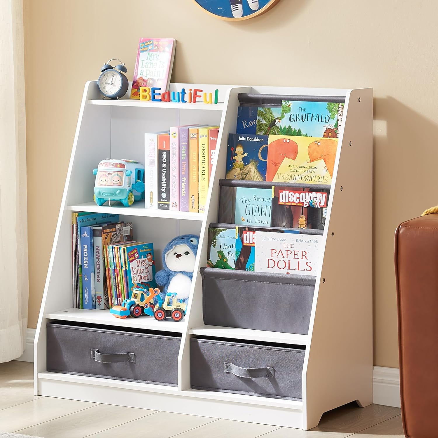Kids Bookshelf with Storage Drawers and Layer Sling Bookcase, 4 Tier ...