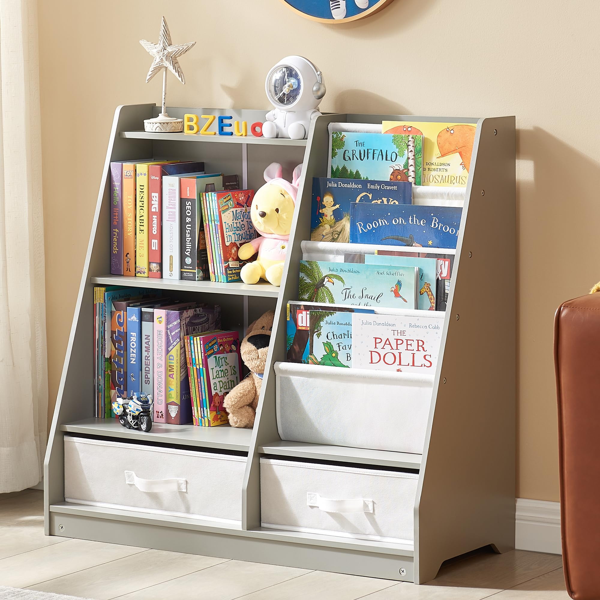 Kids Bookshelf with Storage Drawers and Layer Sling Bookcase, 4 Tier ...