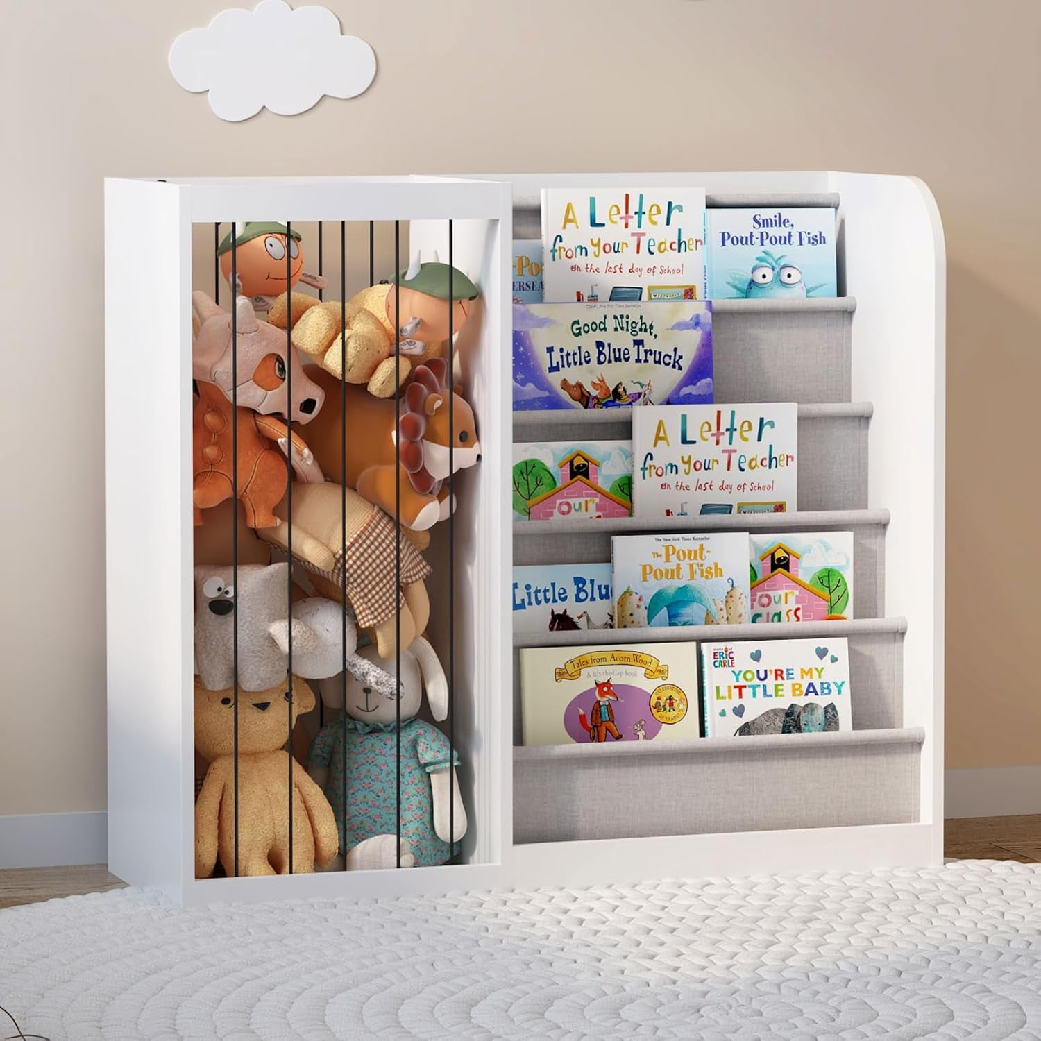 Kids Bookshelf & Stuffed Animal Net Holder 5 Tier Sling Bookshelf and ...