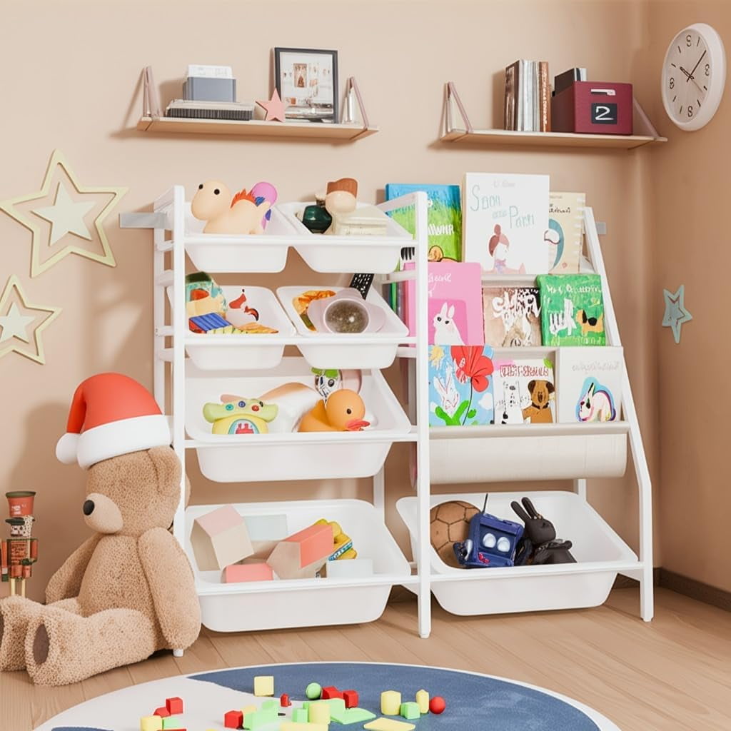 Kids Bookshelf and Toy Organizer, 4-Tier Toy Storage with 7 Removable ...