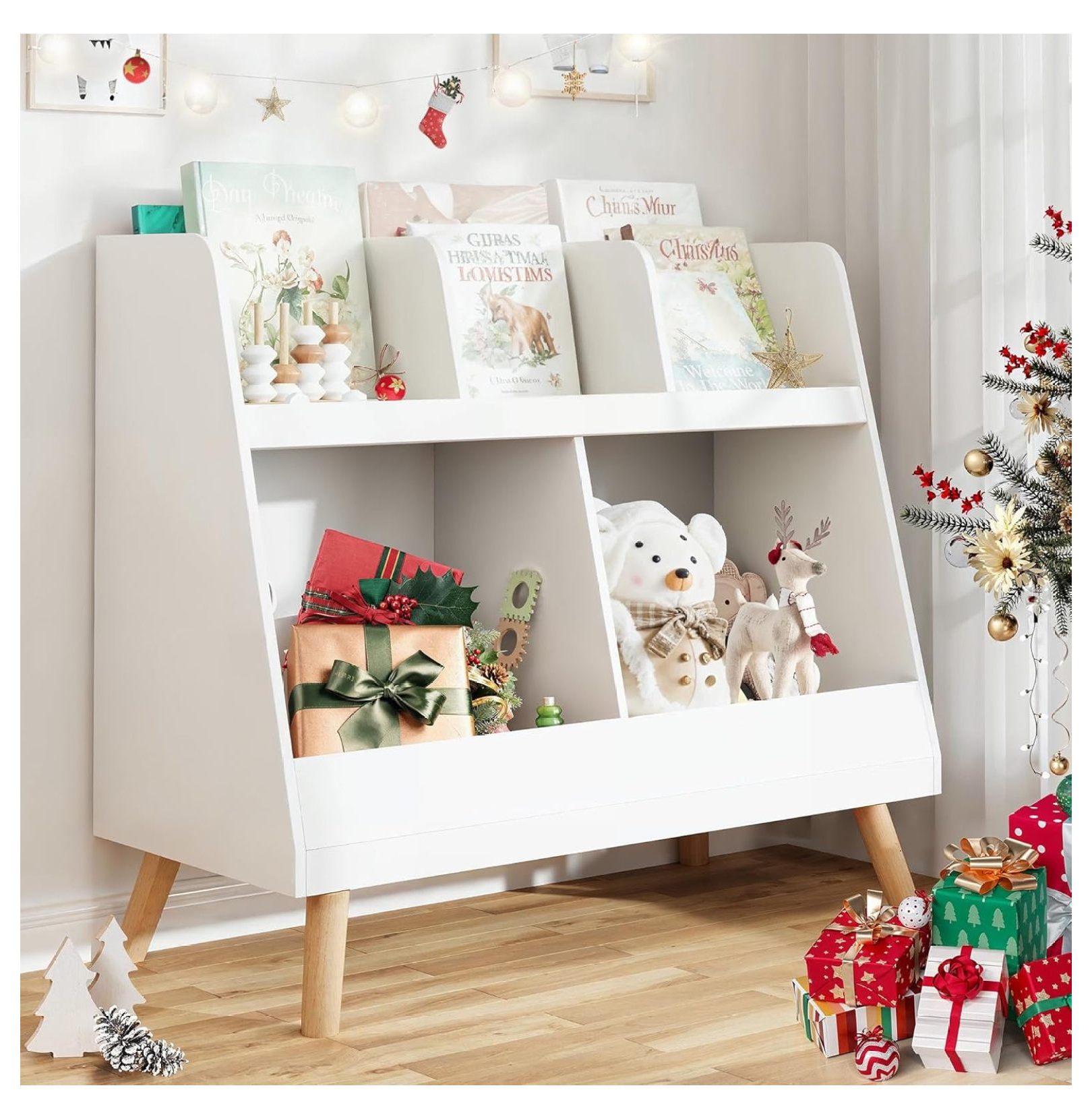 Kids Bookshelf and Toy Organizer, 5 Cubbies Wooden Open Bookcase, 2 ...