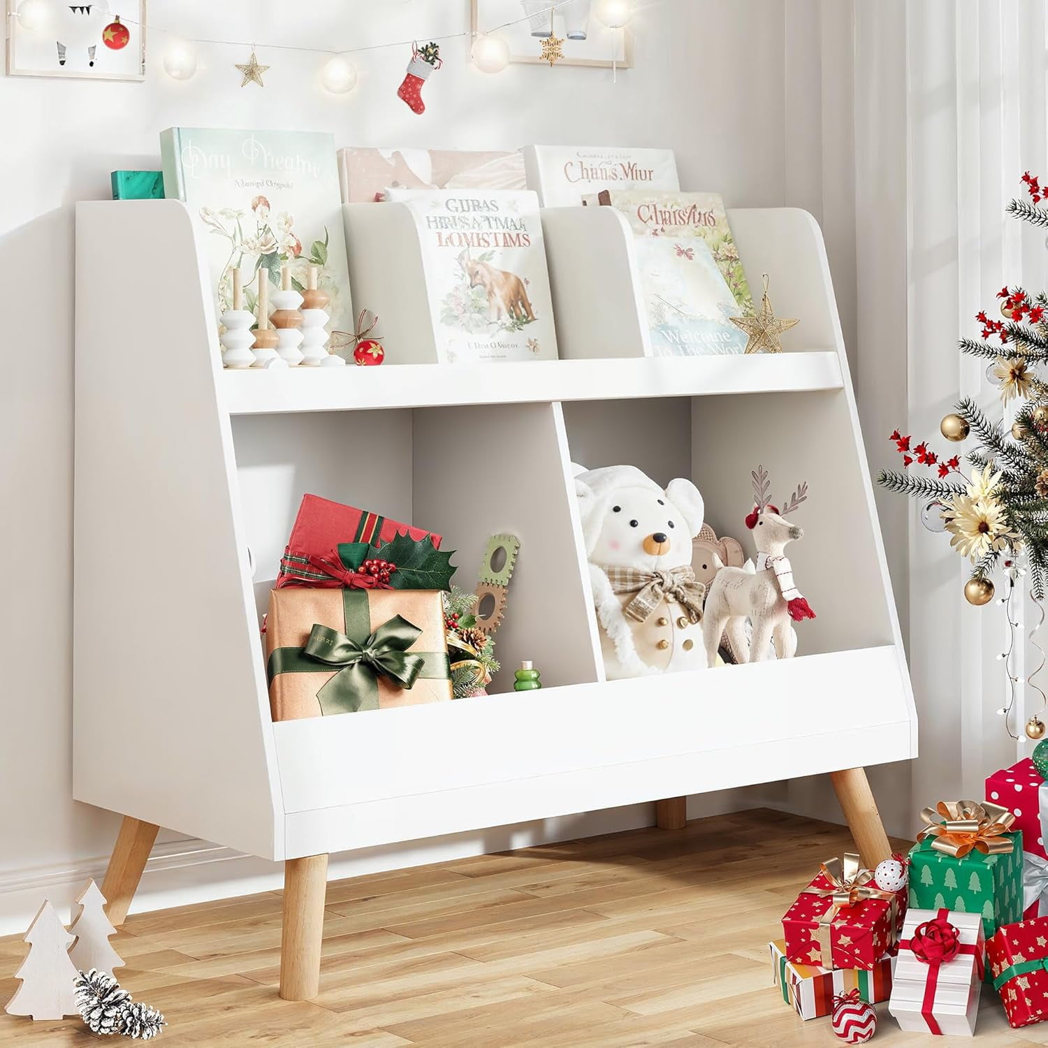 Kids Bookshelf and Toy Organizer, 5 Cubbies Wooden Open Bookcase, 2 ...