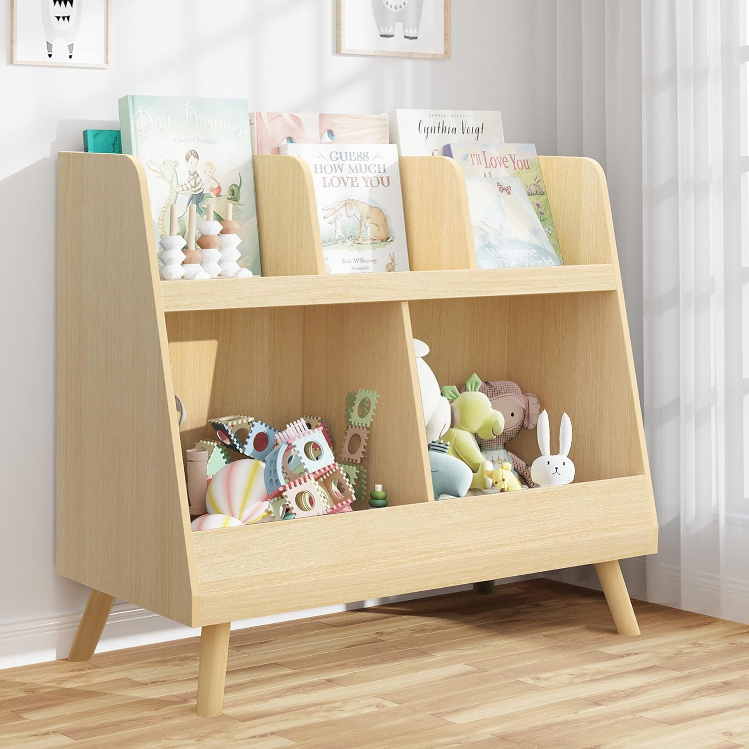 Kids Bookshelf and Toy Organizer, 5 Cubbies Wooden Open Bookcase, 2 ...