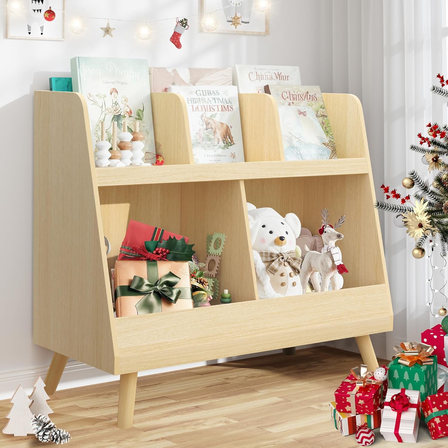 Kids Bookshelf and Toy Organizer, 5 Cubbies Wooden Open Bookcase, 2 ...