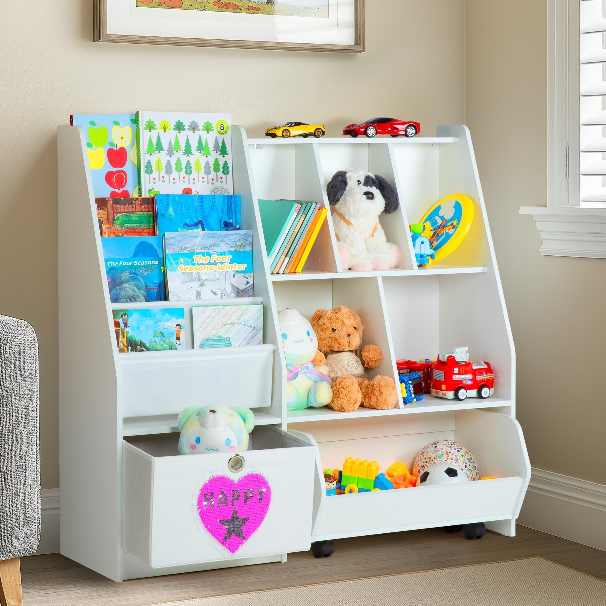 Kids Bookshelf and Toy Organizer, 5-Cubby Toy Storage Cabinet with 4 ...