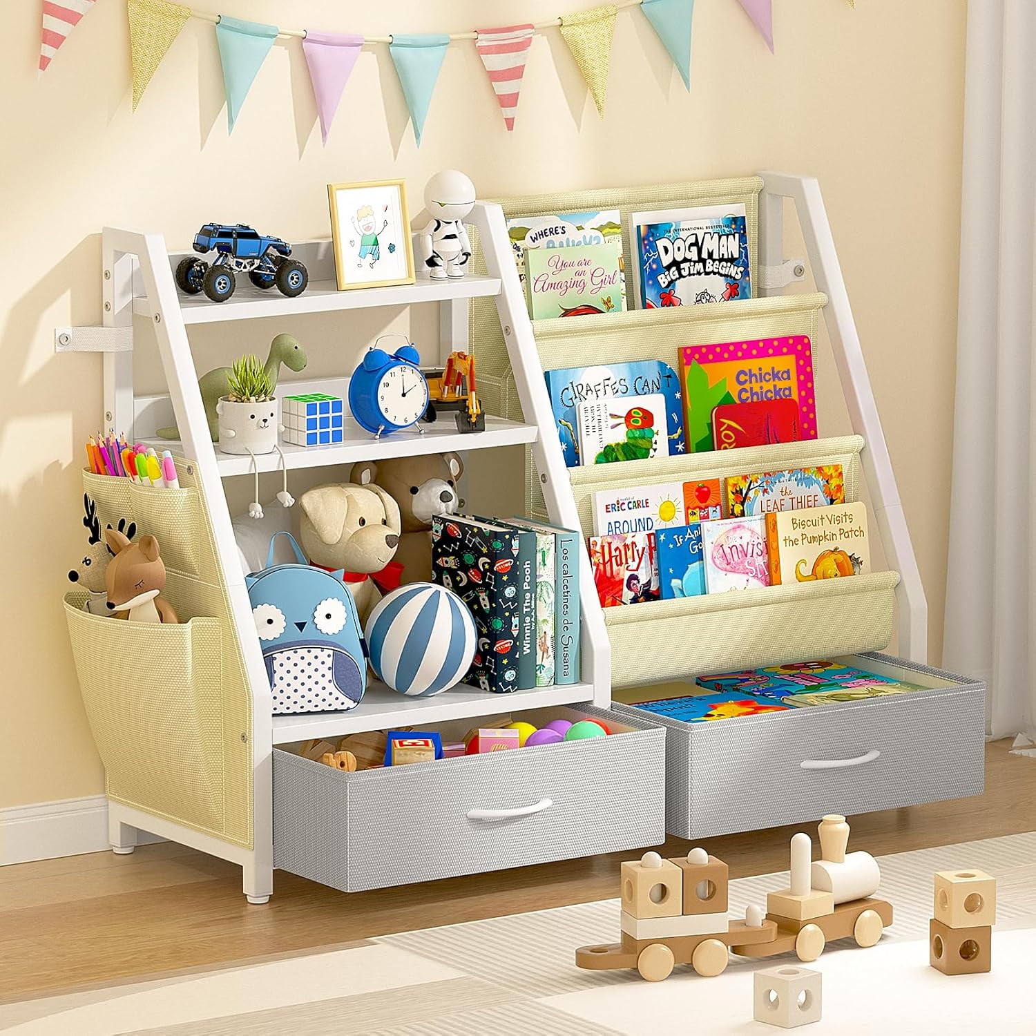 Kids Bookshelf and Toy Organizer, Sturdy 3 Tier Kids Bookcase, Sling ...