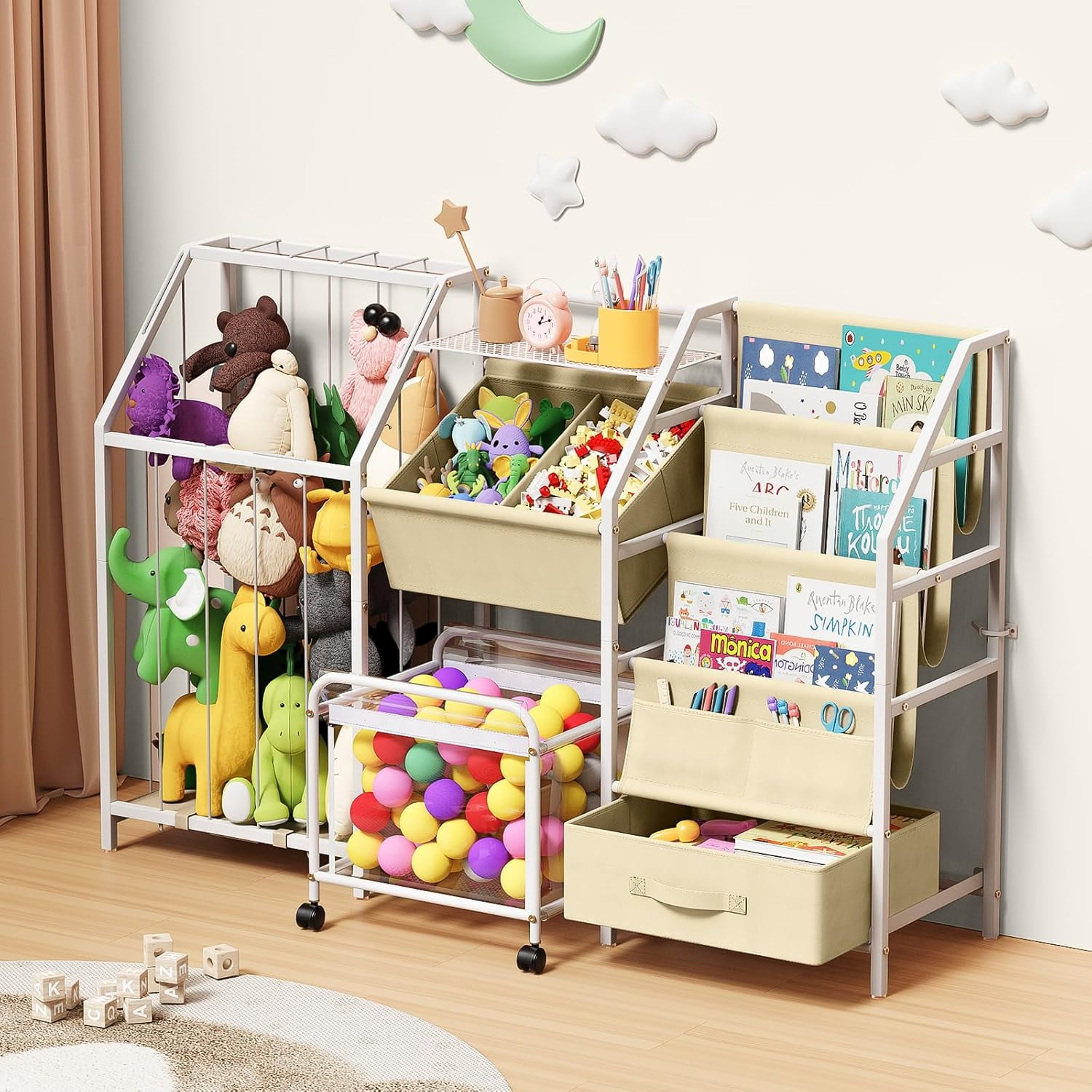 Kids Bookshelf and Toy Storage, 3 Tier Sling Montessori Bookcase with ...