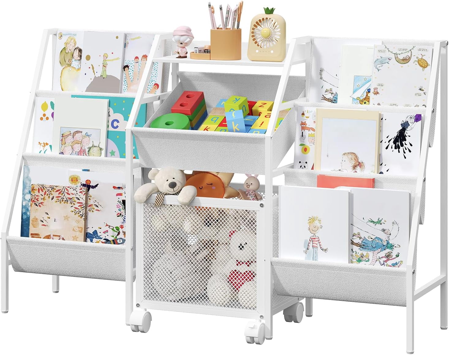 Kids Bookshelf and Toy Storage, 3-Tier Toddler Bookcase with Rolling ...