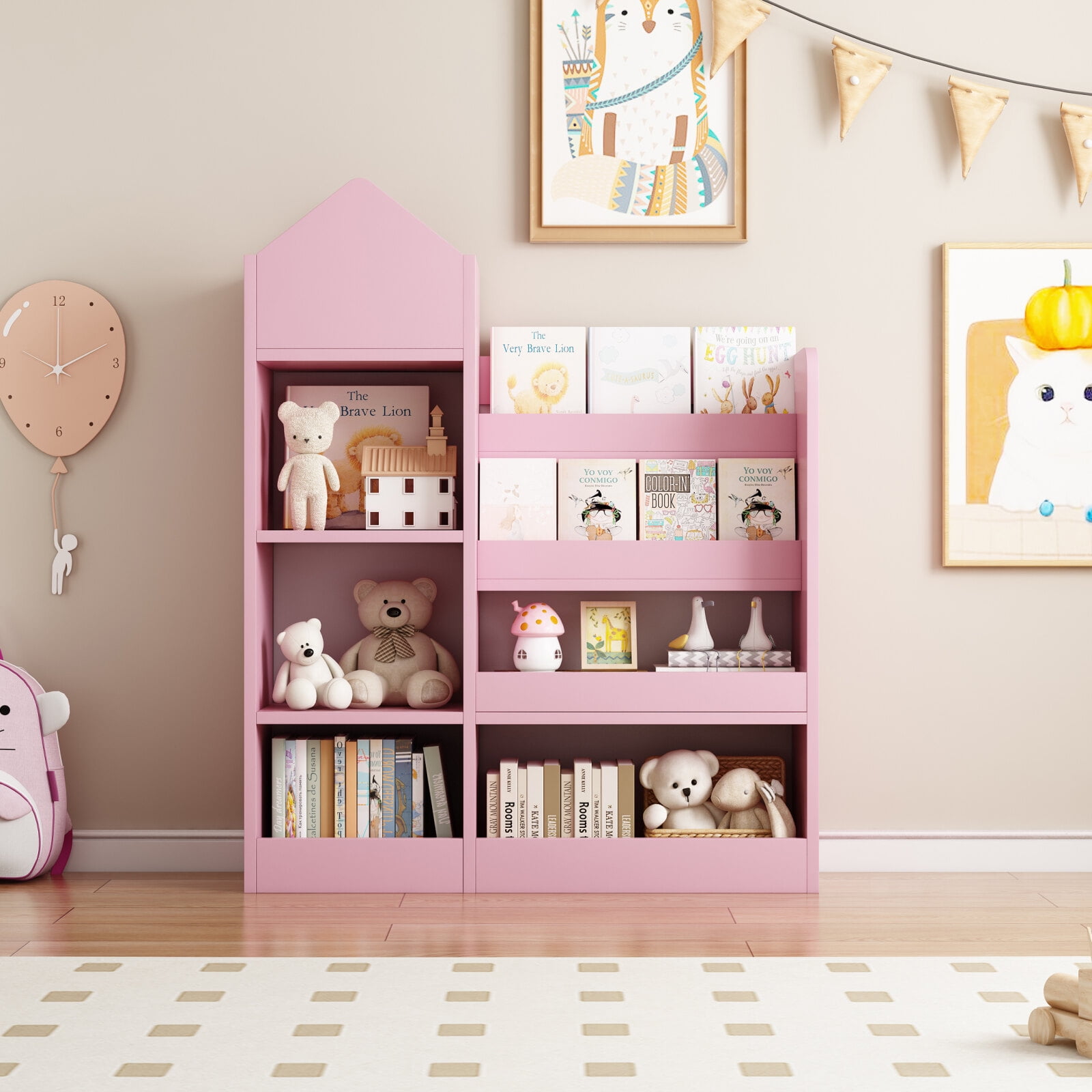Kids Bookshelf and Toy Storage, 3 Tier Wooden Castle Toy Storage ...