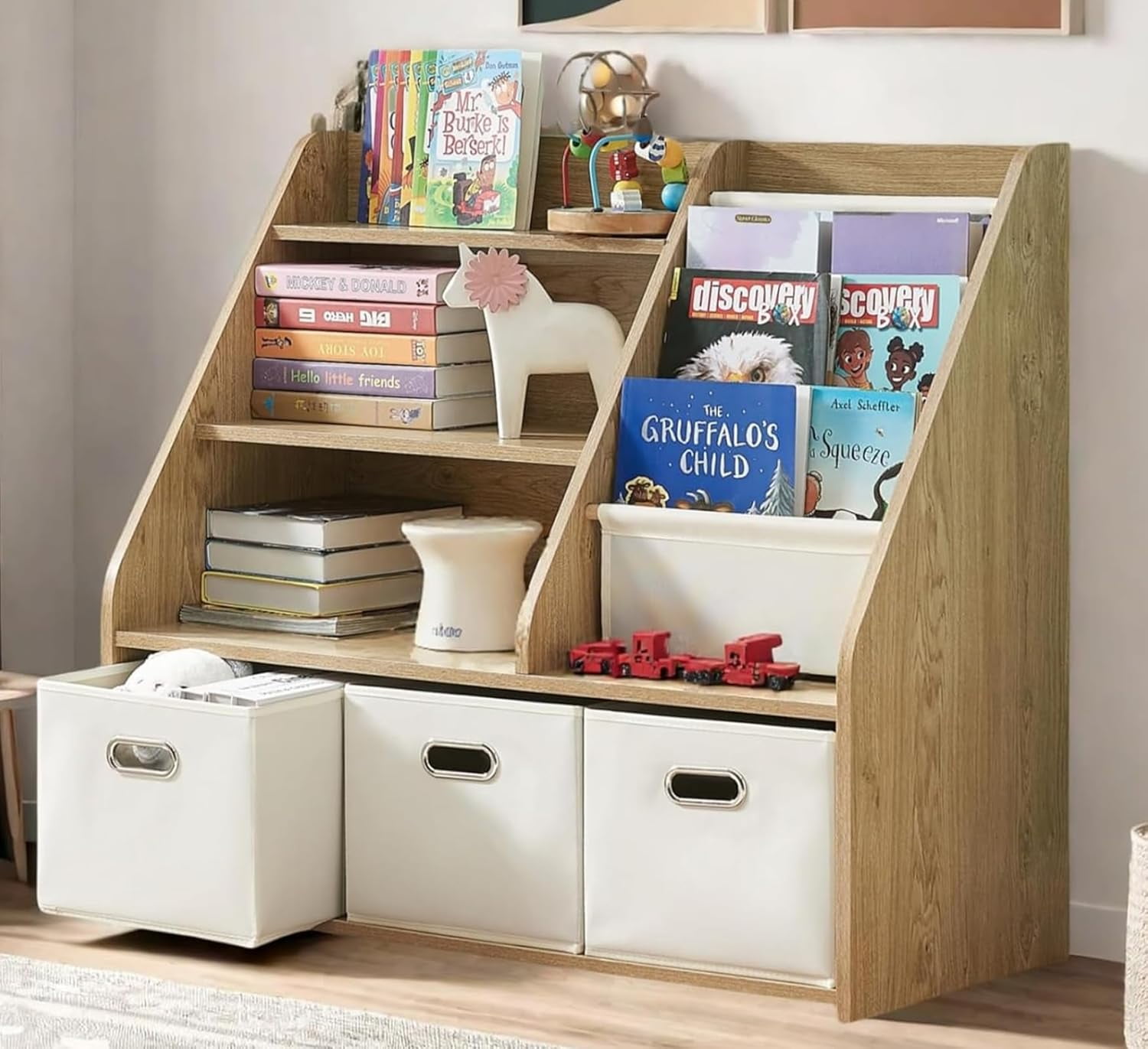 Kids Bookshelf and Toy Storage, 3-Tier Wooden Montessori Bookcase with ...