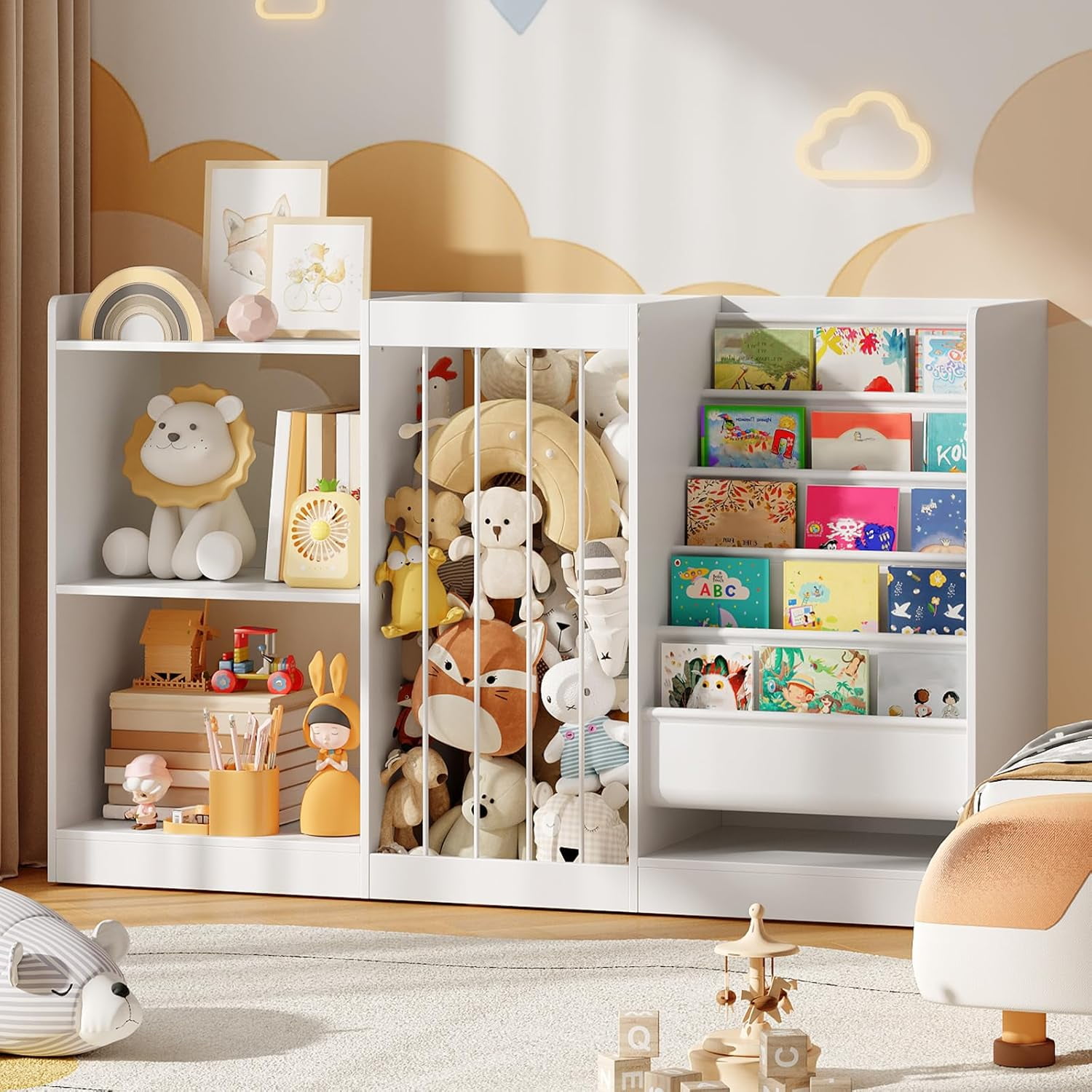 Kids Bookshelf and Toy Storage, 5-Tier Sling Bookcase with Stuffed ...