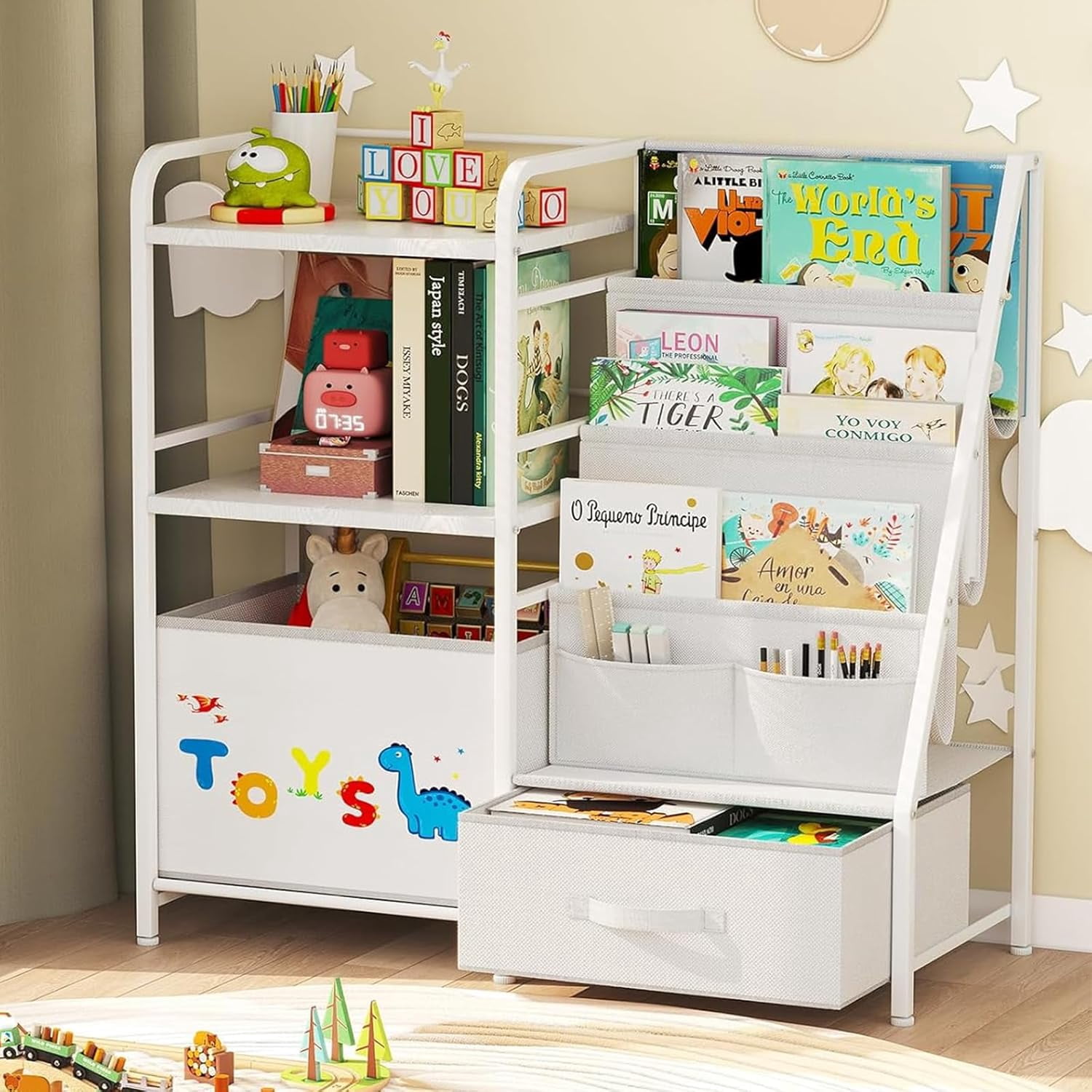 Kids Bookshelf and Toy Storage Organizer - 4 Tier Book Shelf with ...
